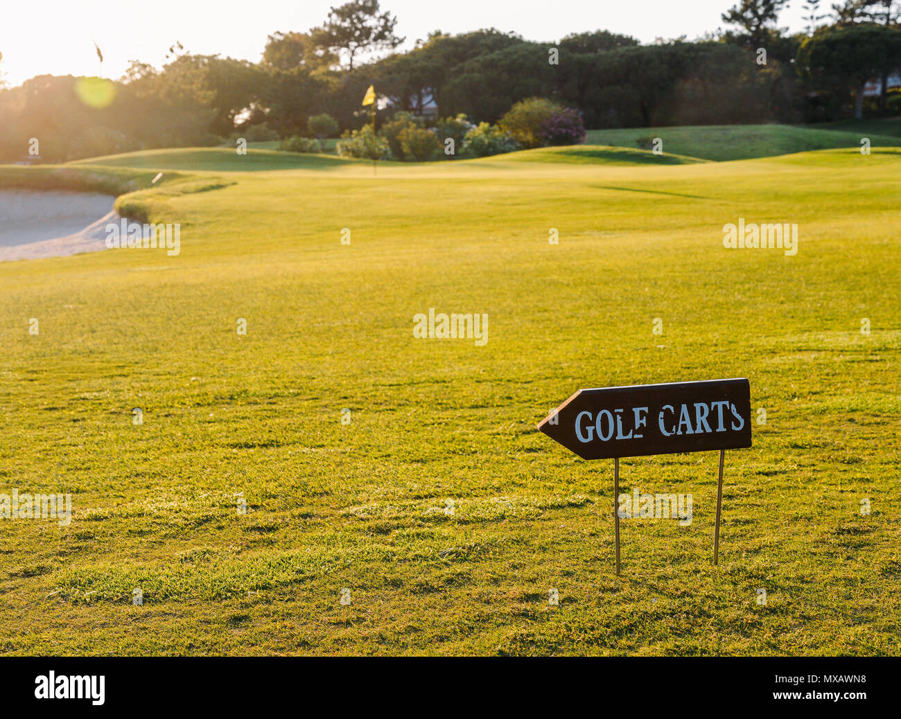 Empty golf course in Algarve, Portugal with signs for golf carts Stock ...