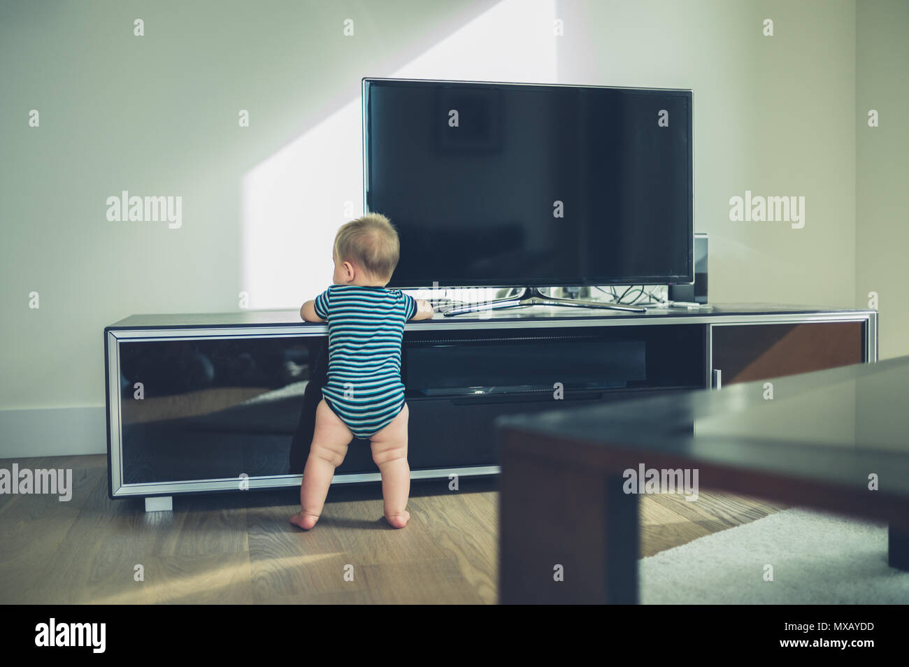 A little baby is cruising on the furniture by the television Stock ...