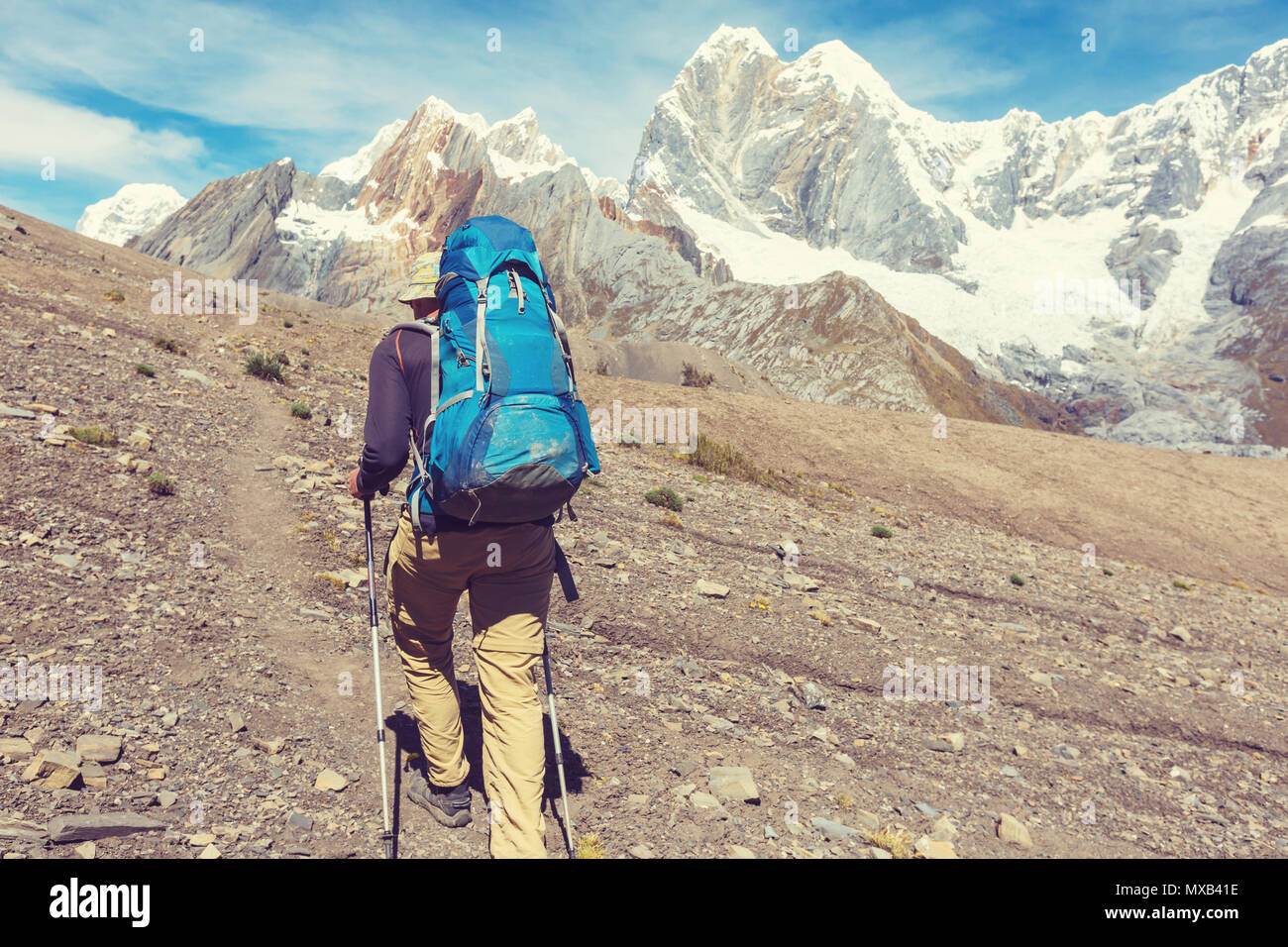 Hiking scene in Cordillera mountains, Peru Stock Photo - Alamy