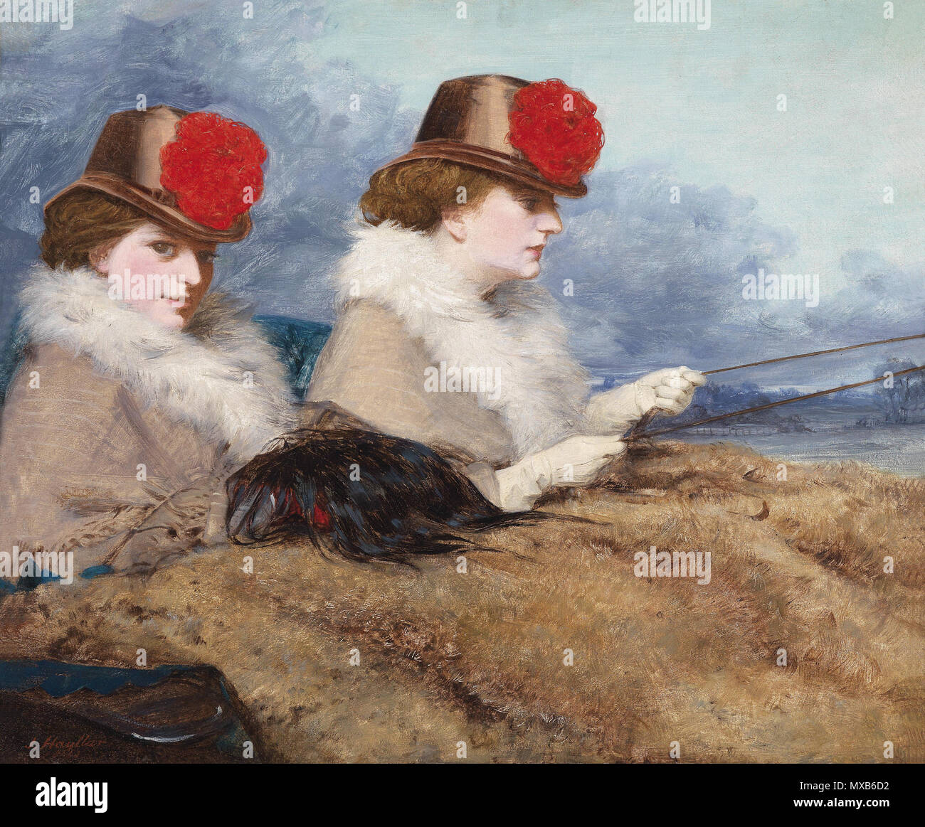 . Deutsch: Zwei Damen bei einer Kutschenfahrt, signiert und undeutlich ...