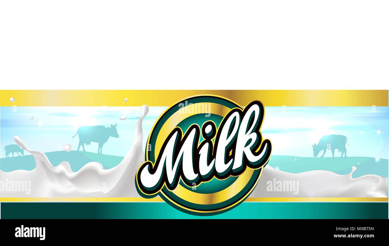 milk label design banner with milk splash, landscape and cow - vector ...
