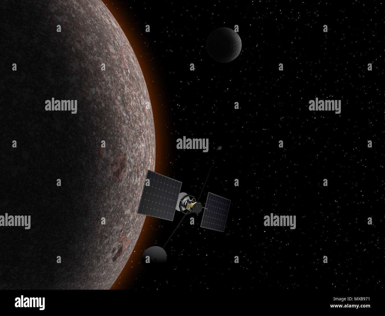 Satellite flying to vibrant outer space with stars and planets Stock ...