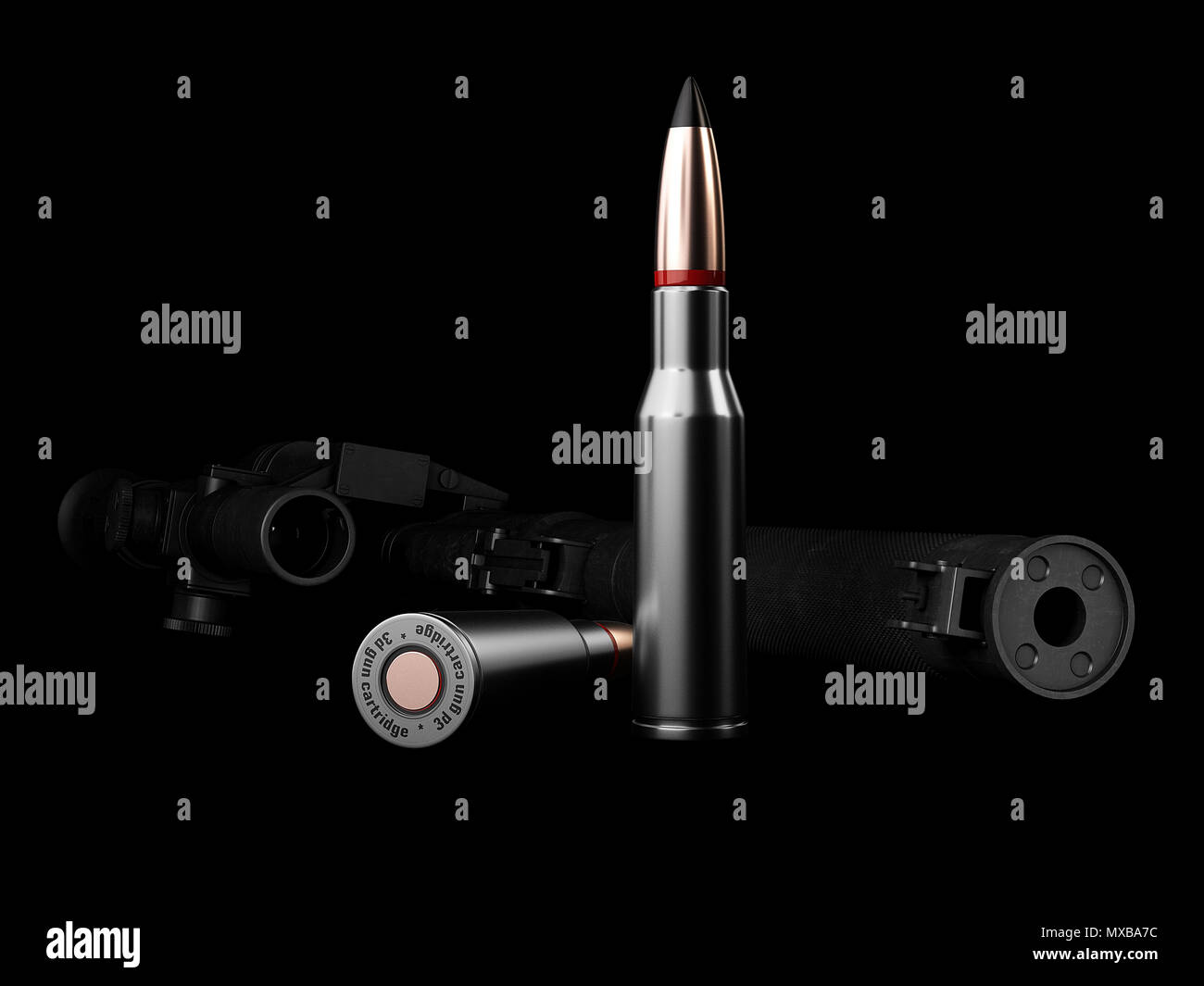 Silver bullets with gun on black background, 3d Illustration Stock ...