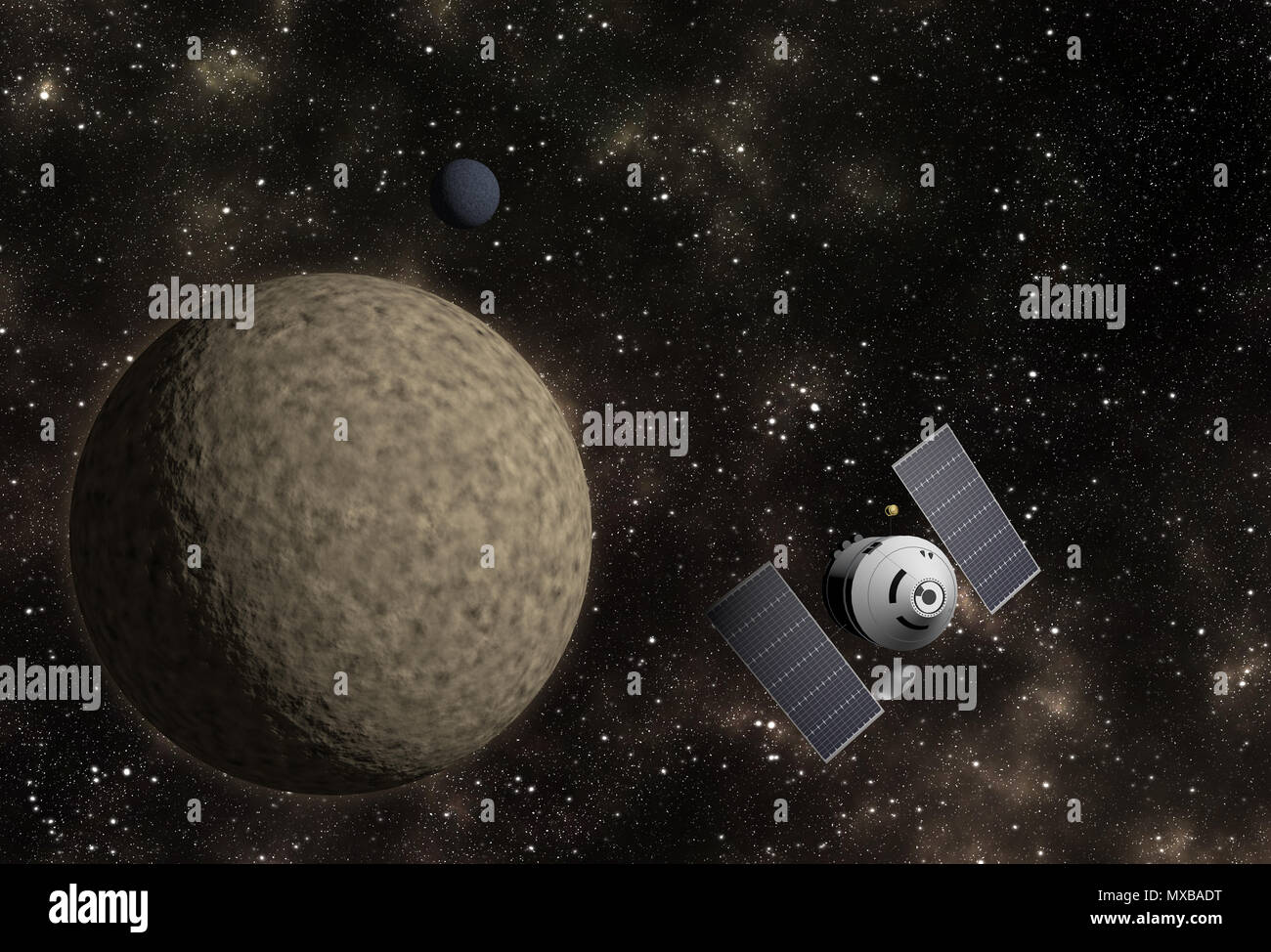 Spacecraft flying to vibrant outer space with stars, nebula and planets ...