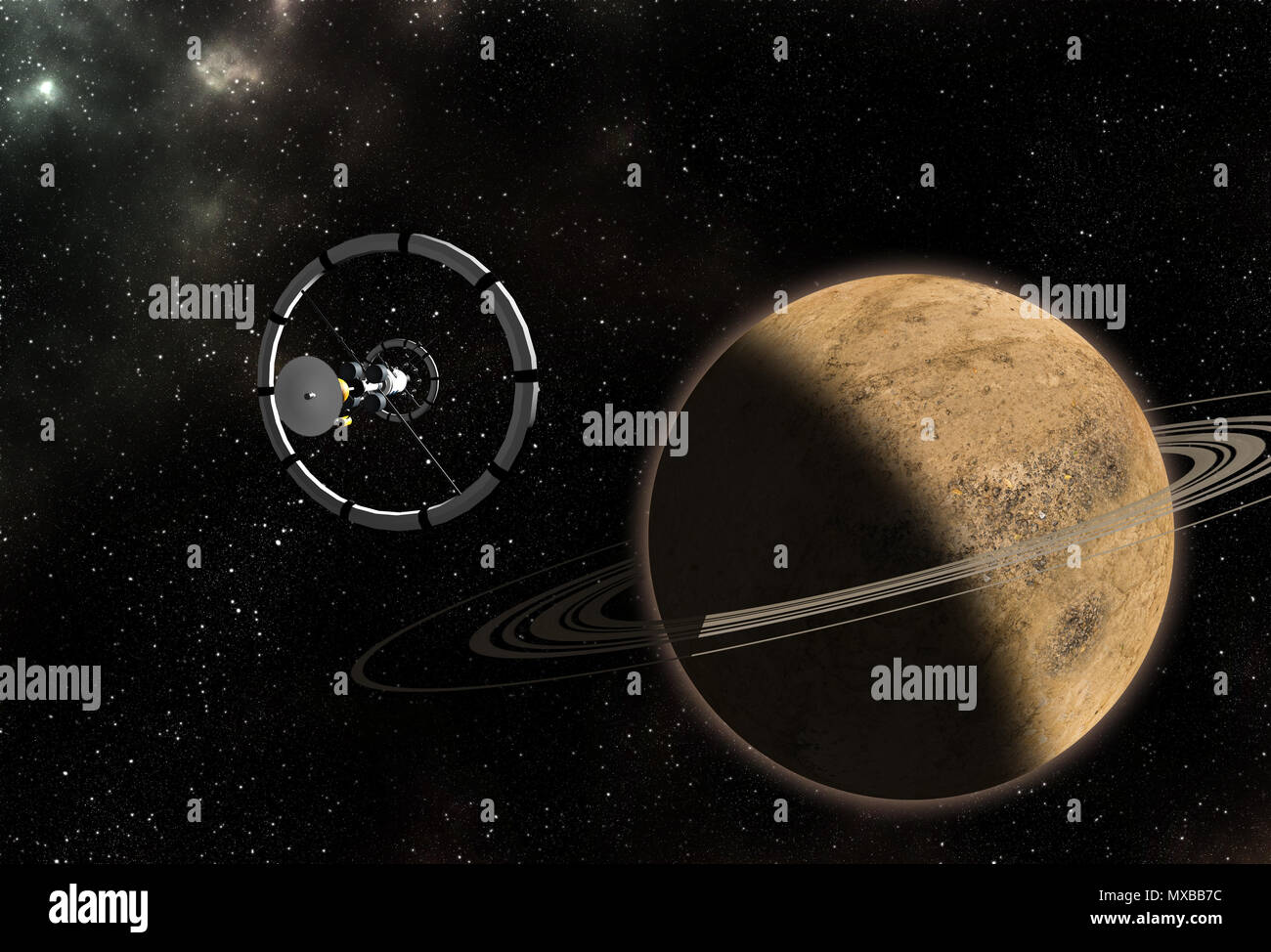 Interstellar spaceship flying to vibrant outer space with stars, nebula ...
