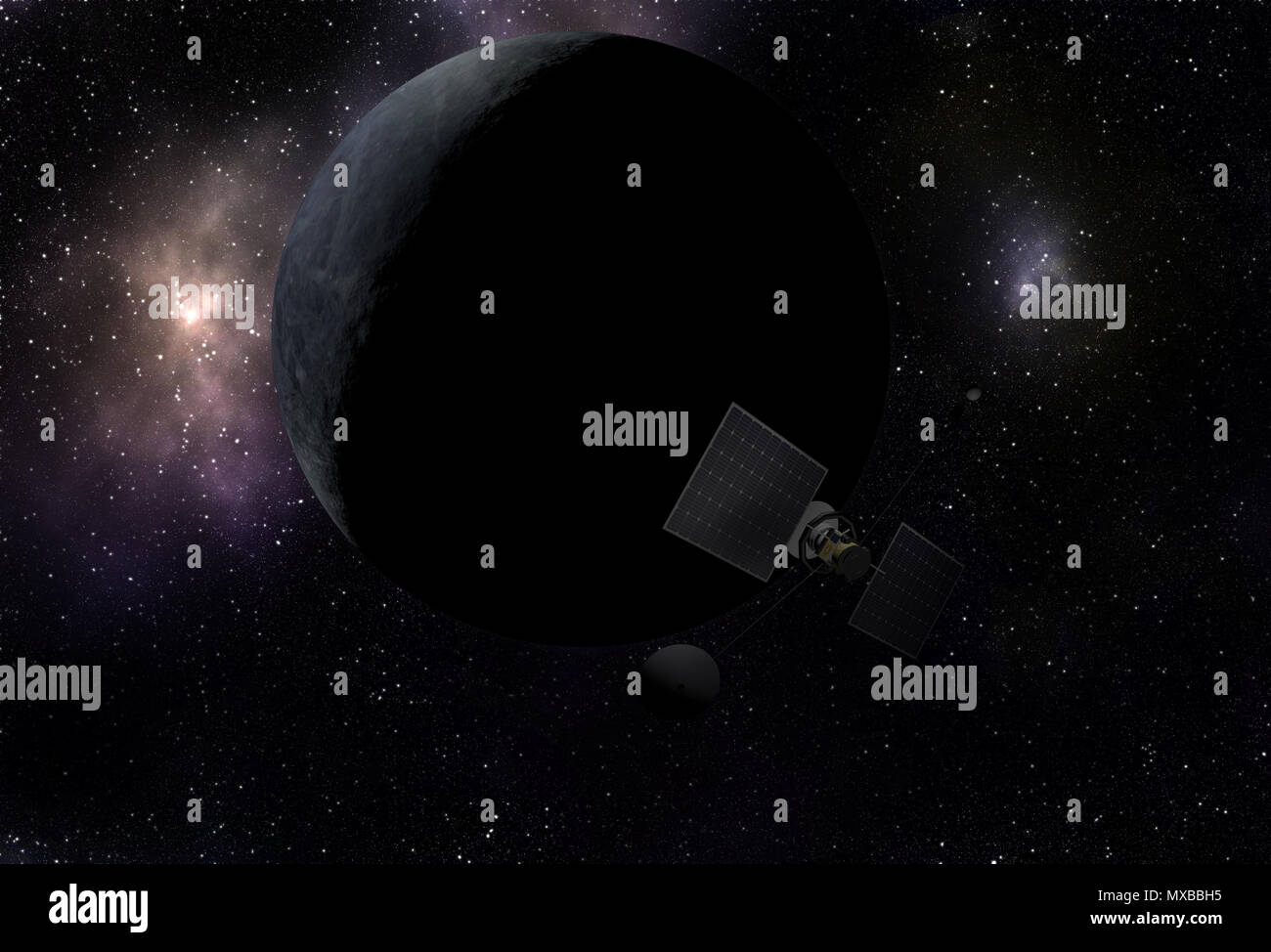 Spacecraft flying to vibrant outer space with stars, nebula and planets ...