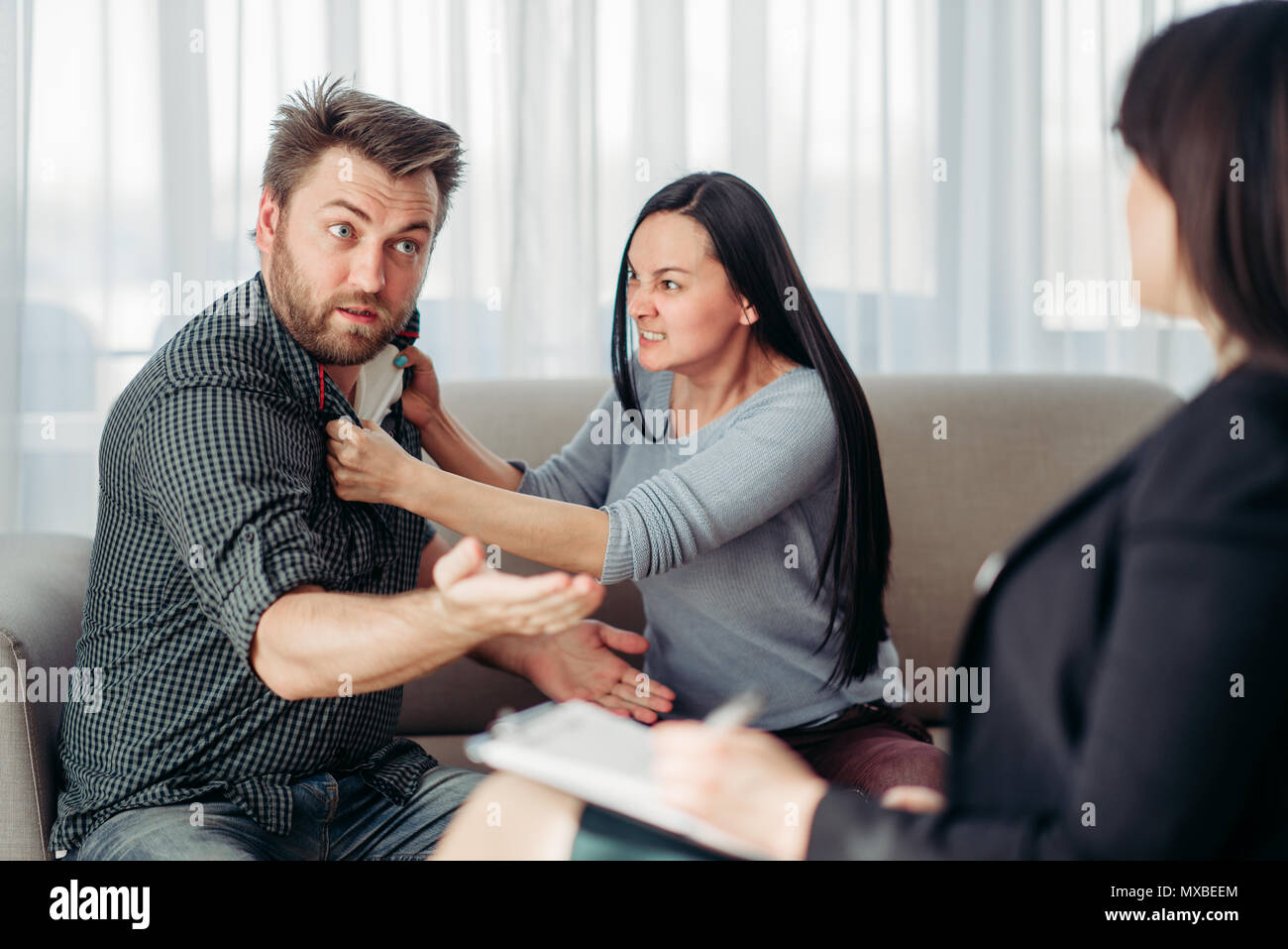 Crazy couple, patients at psychotherapist reception, civilized solution ...