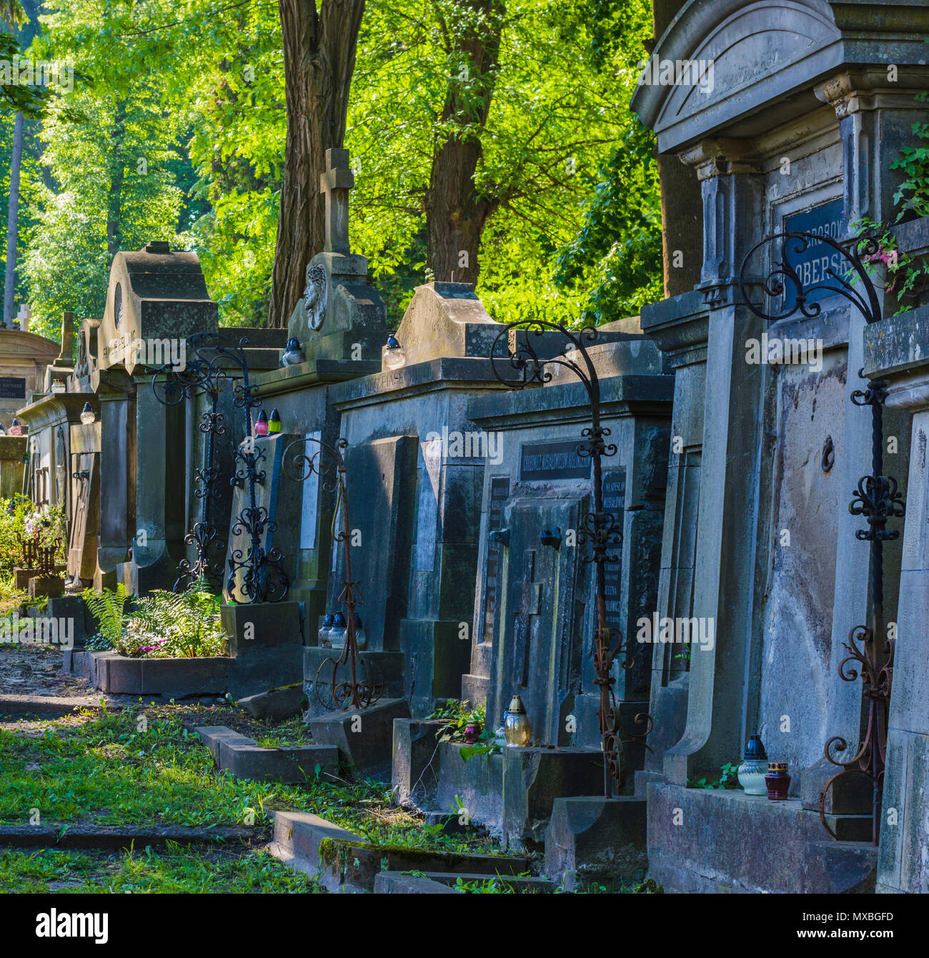 LVIV, UKRAINE - MAY 25, 2018: graveyard scene of old Polish graves in ...