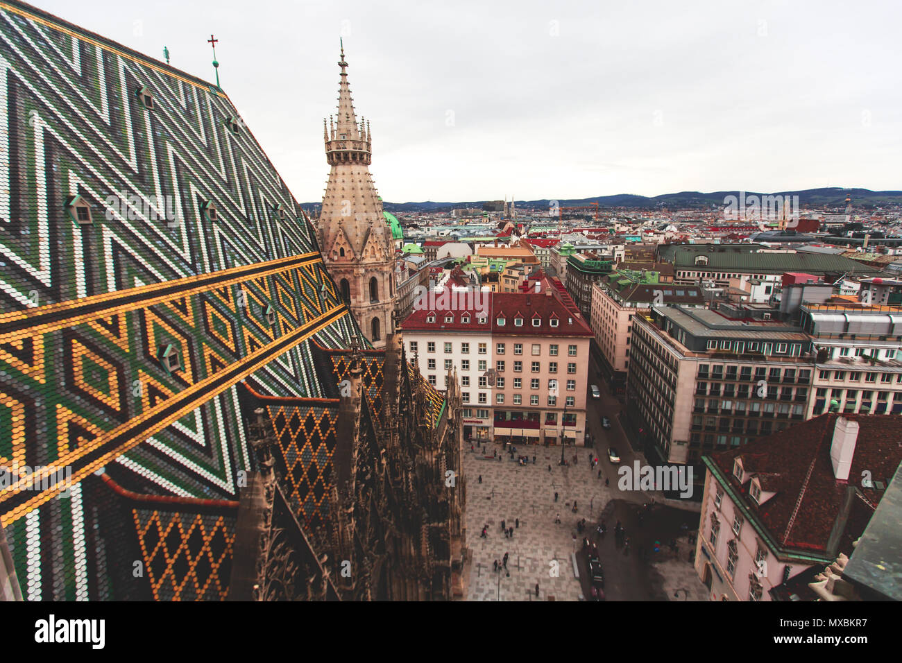 Beautiful super-wide angle aerial view of Vienna, Austria, with old ...