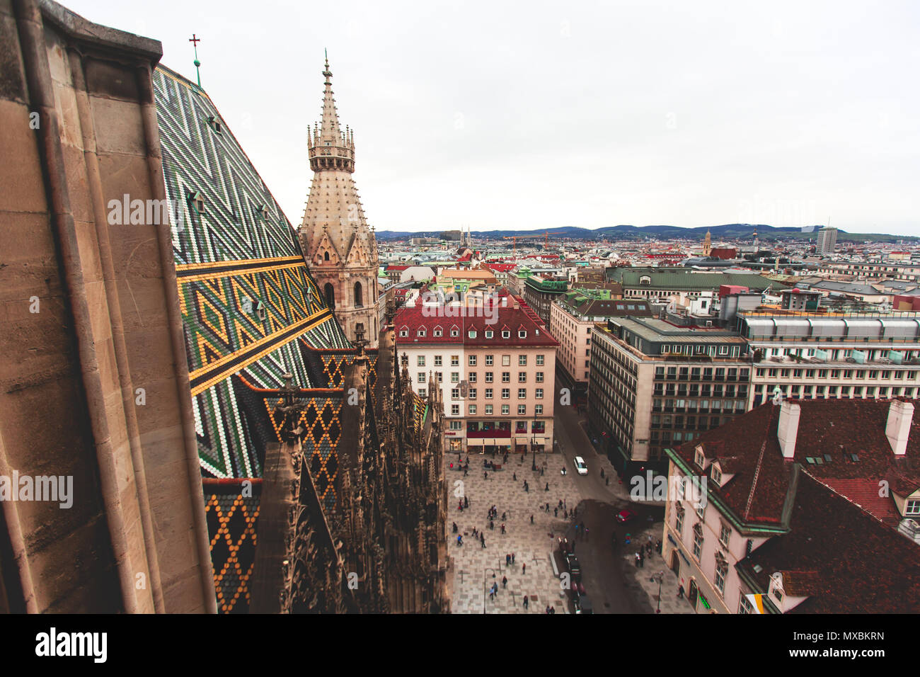 Beautiful super-wide angle aerial view of Vienna, Austria, with old ...