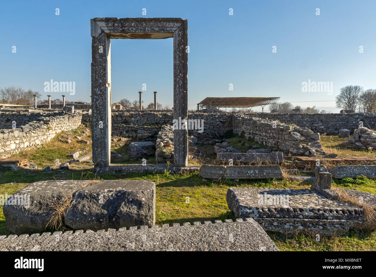 Ruins of entrance and panorama of archaeological area of ancient ...