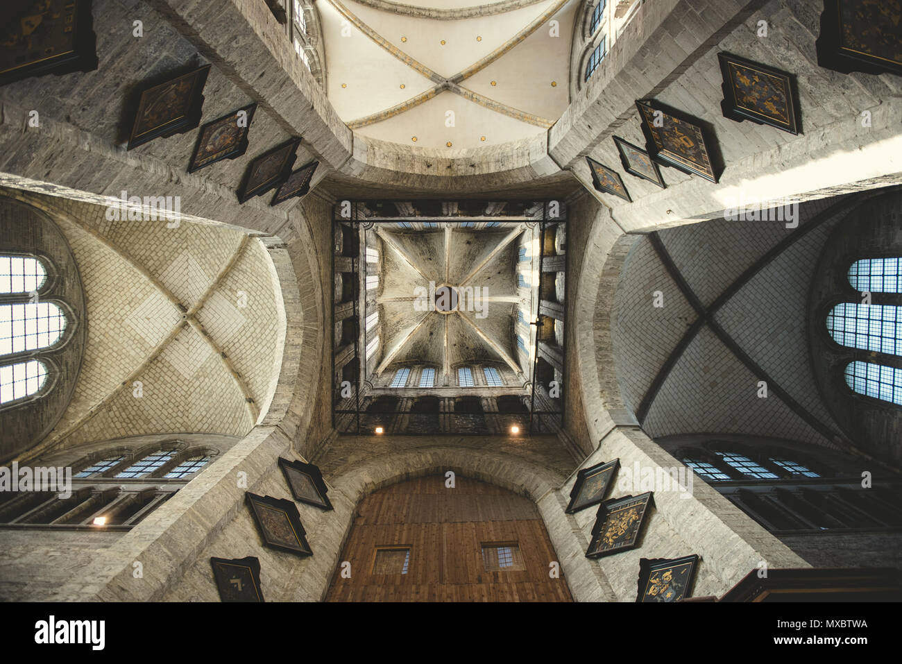 Interior view of the transept of a Gothic style church in a central ...