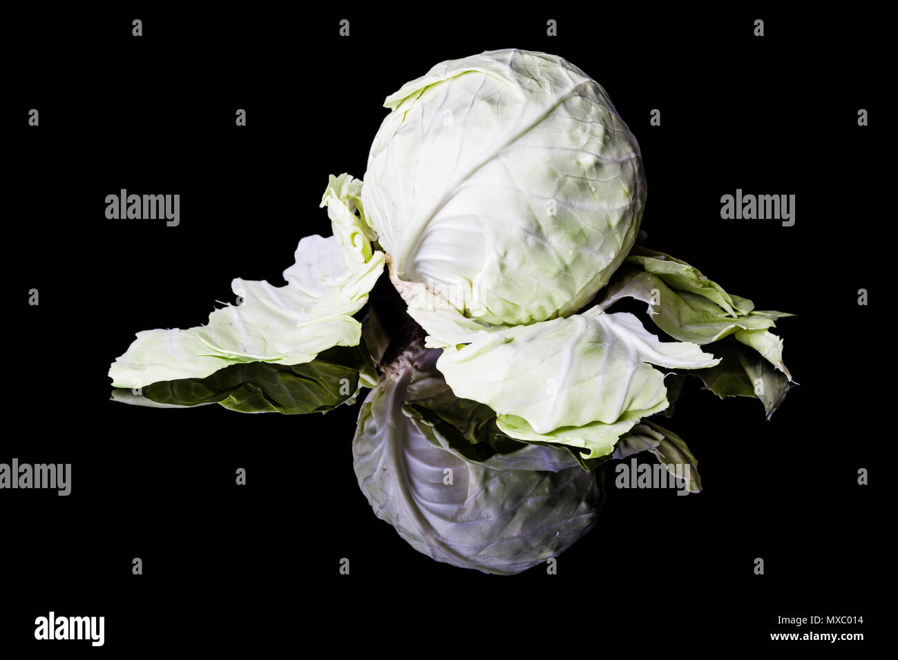 Peeled white light green cabbage head on black background with ...