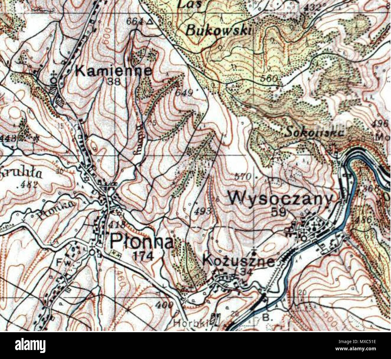 . English: village Płonna and Kamienne, district Sanok, on old map from ...