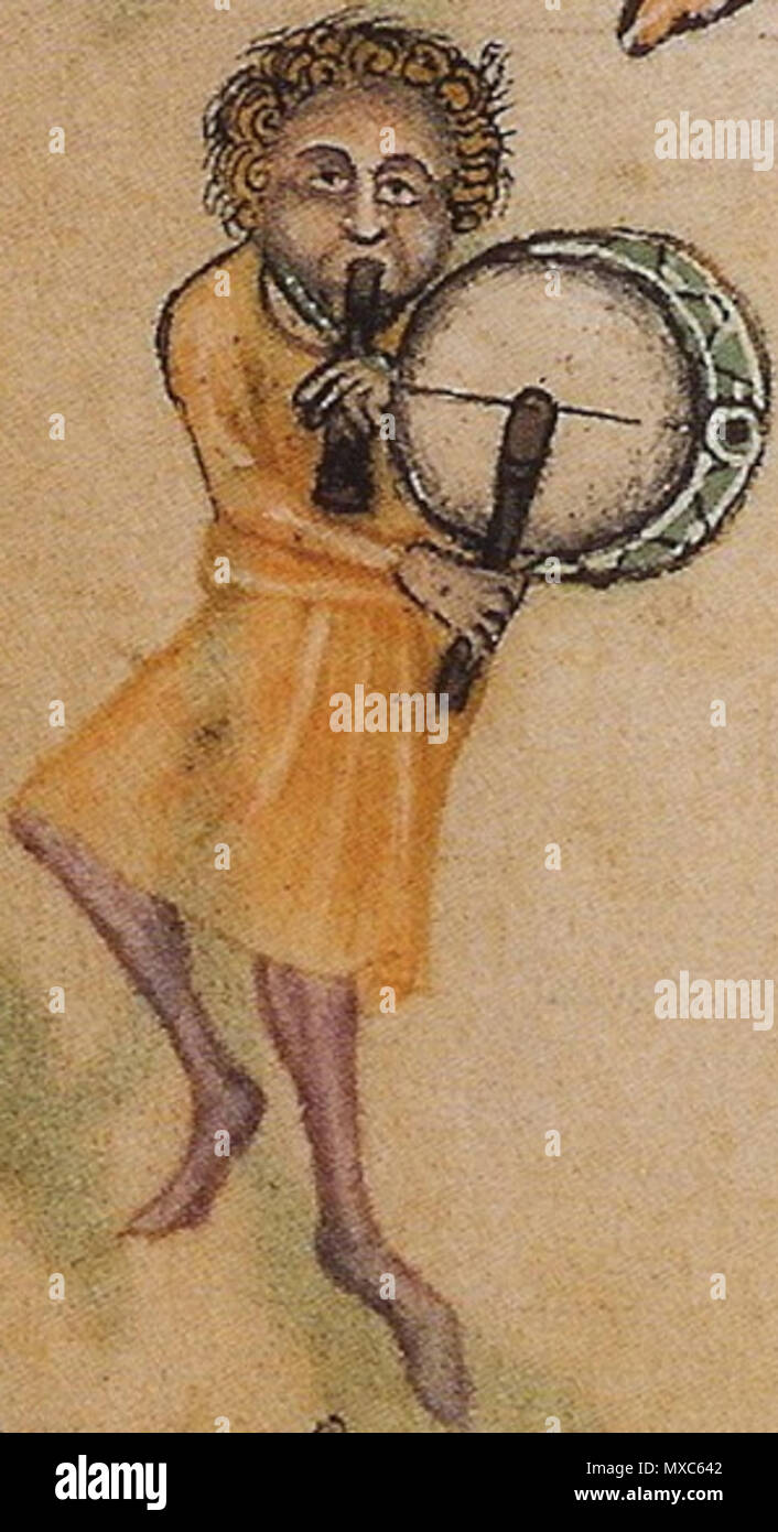 . A pipe and tabor player. between circa 1325 and circa 1335 ...