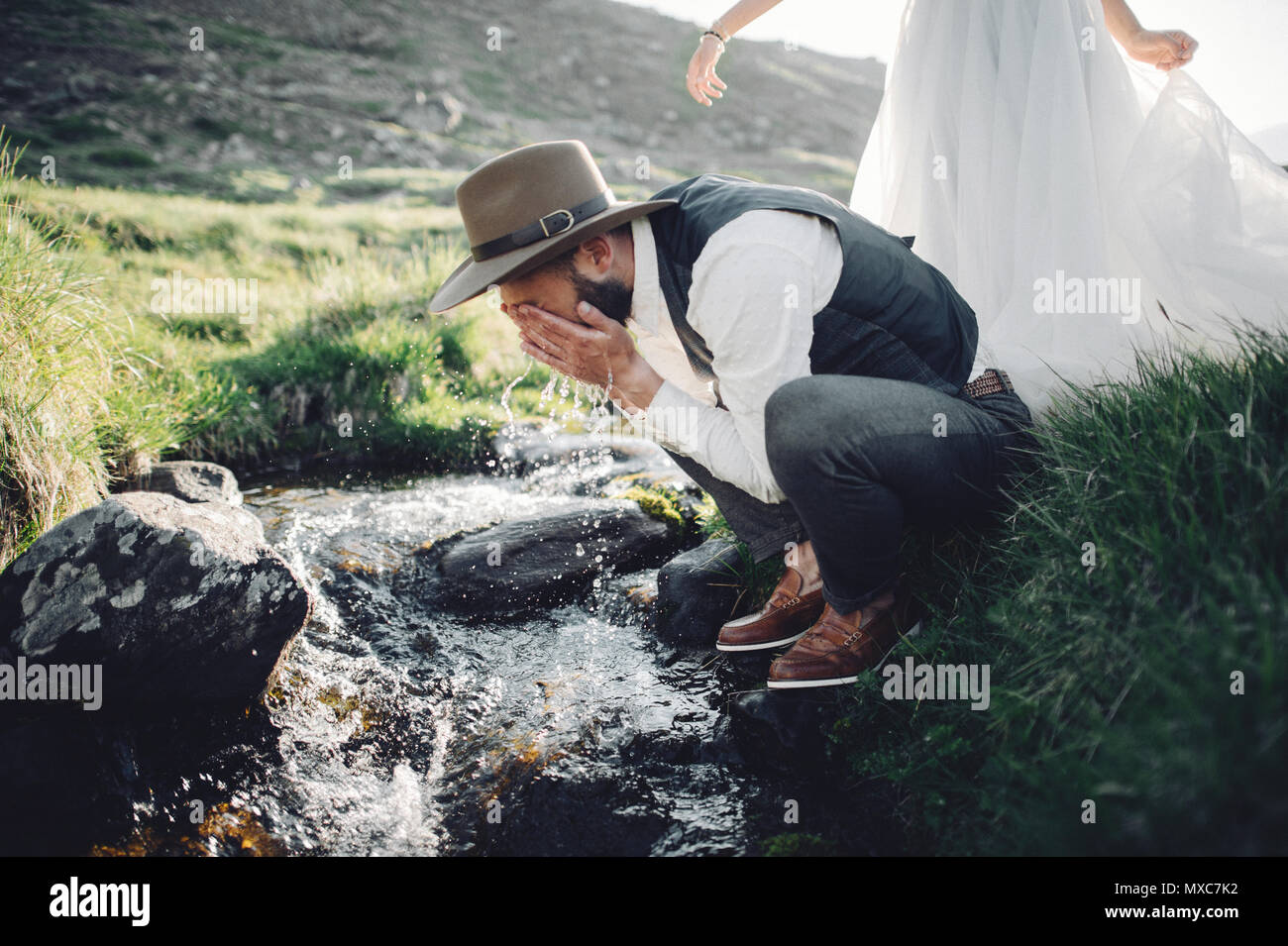 Stylish young wedding couple posing in beautiful Matterhorn moun Stock ...