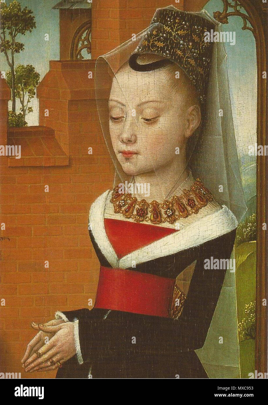 . English: Maria de Hoose, the Bruges patrician, on the leaf of the triptych of Jan de Witte ...