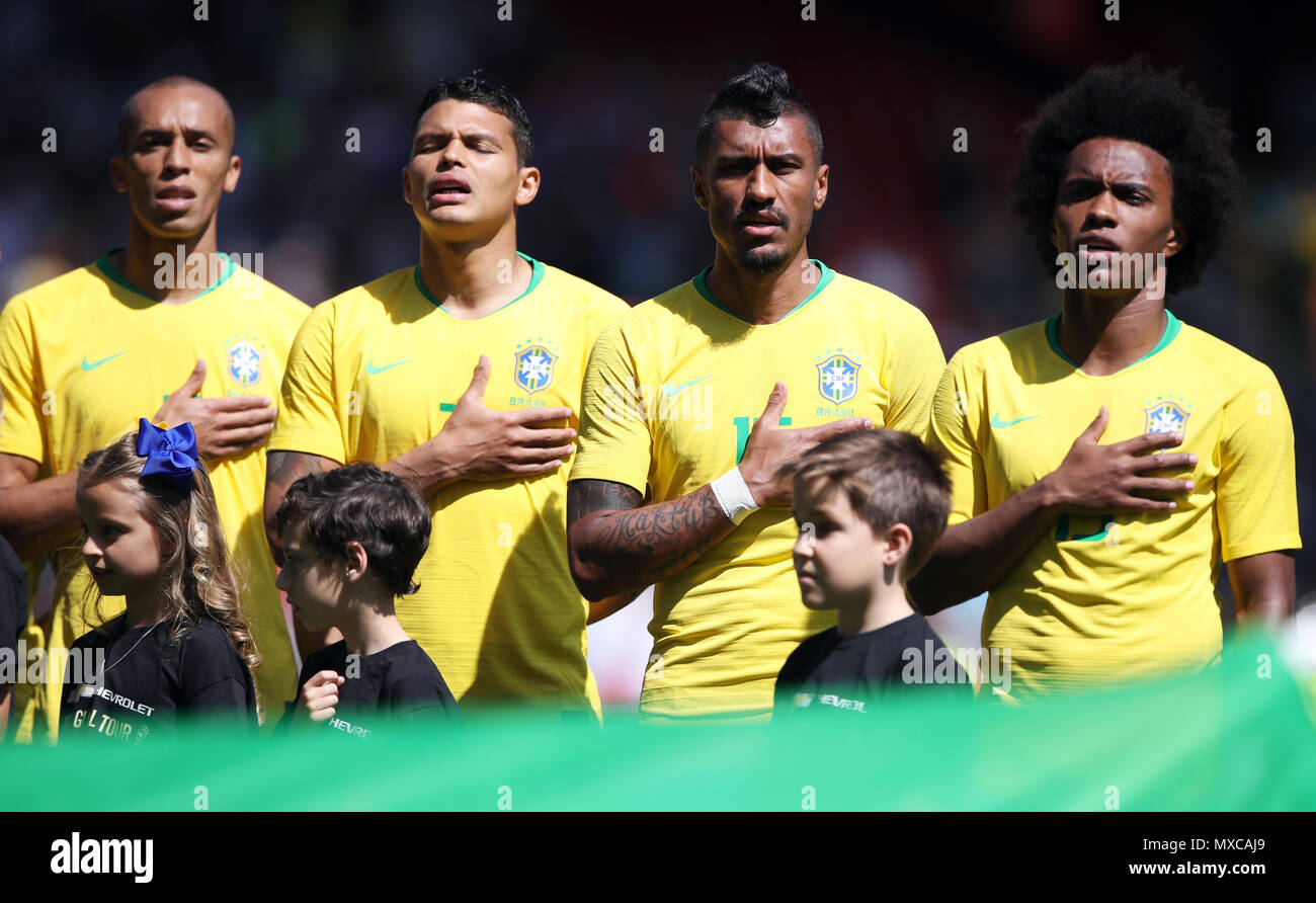 Brazil's (from left to right) Joao Miranda, Thiago Silva, Paulinho and ...