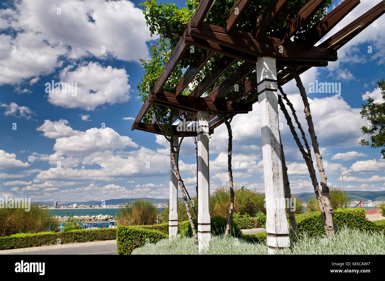 Sunny Beach Park with green plants in Nesebar Stock Photo - Alamy