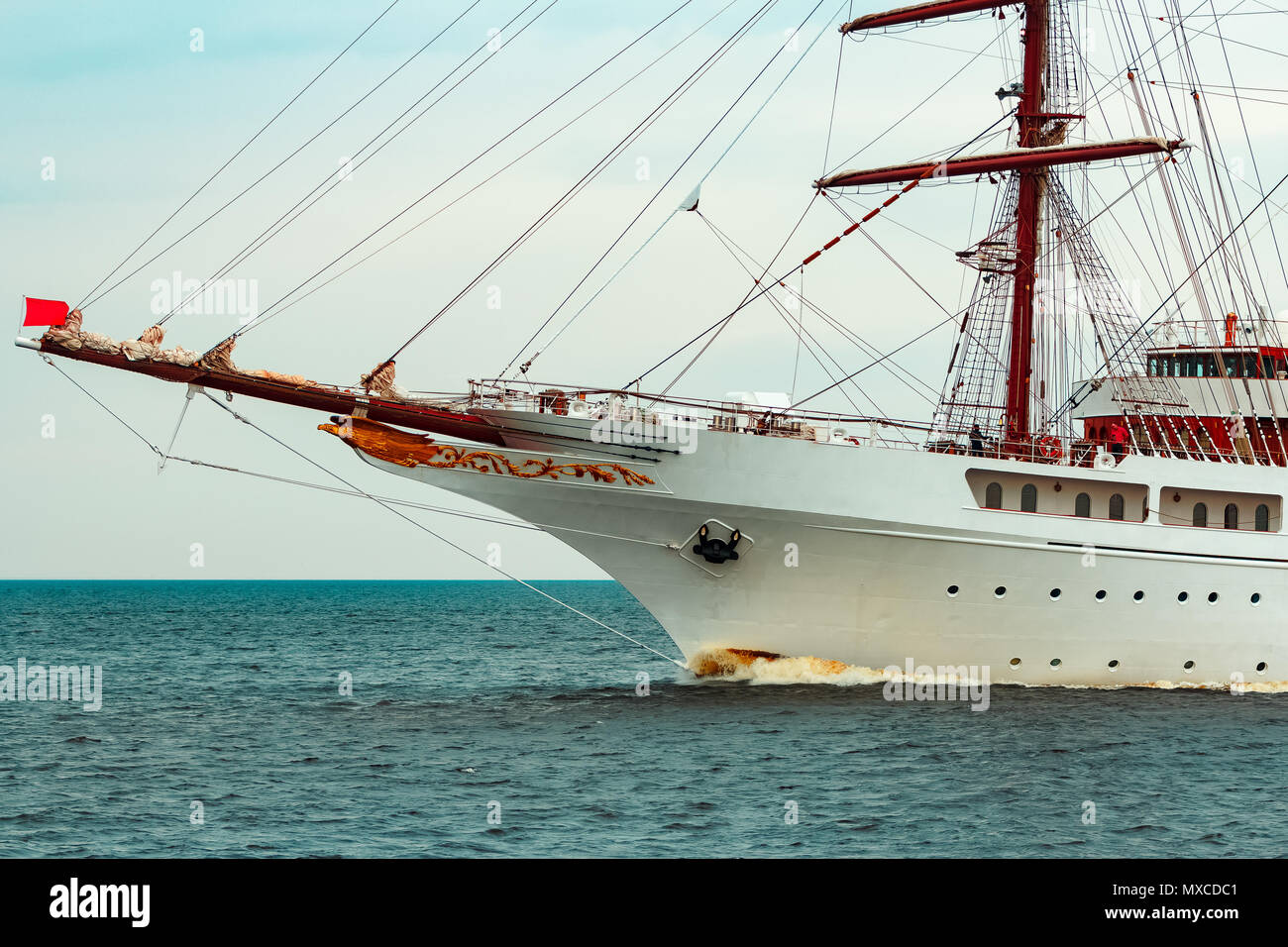 Big white sailing ship with three mast moving to the Riga port Stock ...