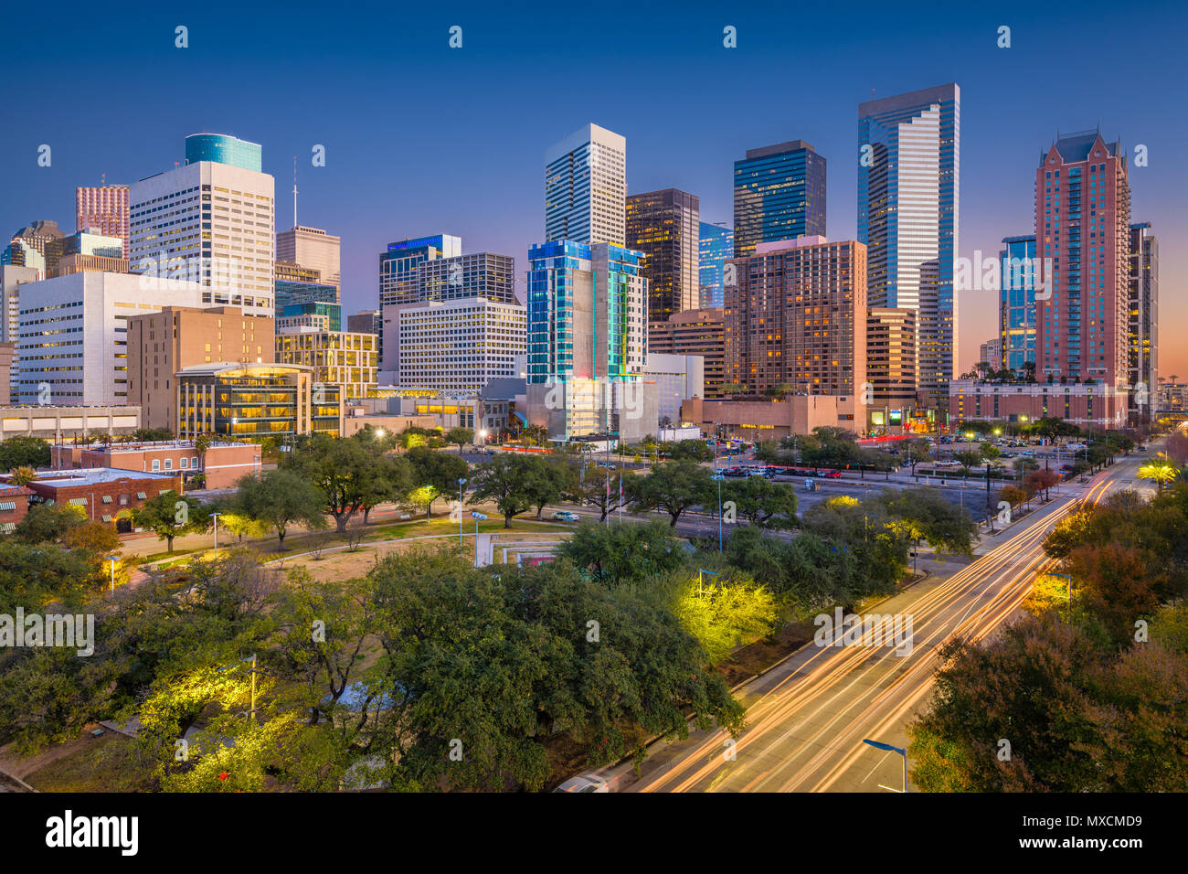 Houston, Texas, USA downtown park skyline at twilight Stock Photo - Alamy