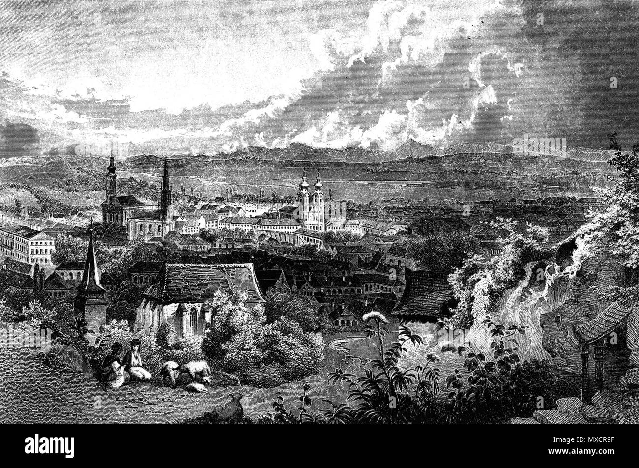 . English: Panorama of Miskolc around 1840. Drawing by Ludwig Rohbock ...