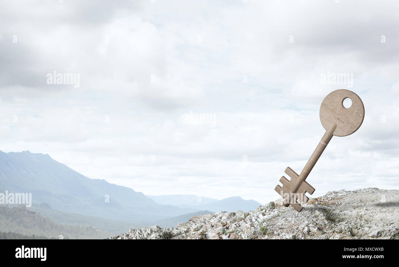 Conceptual background image of concrete key sign and natural landscape ...