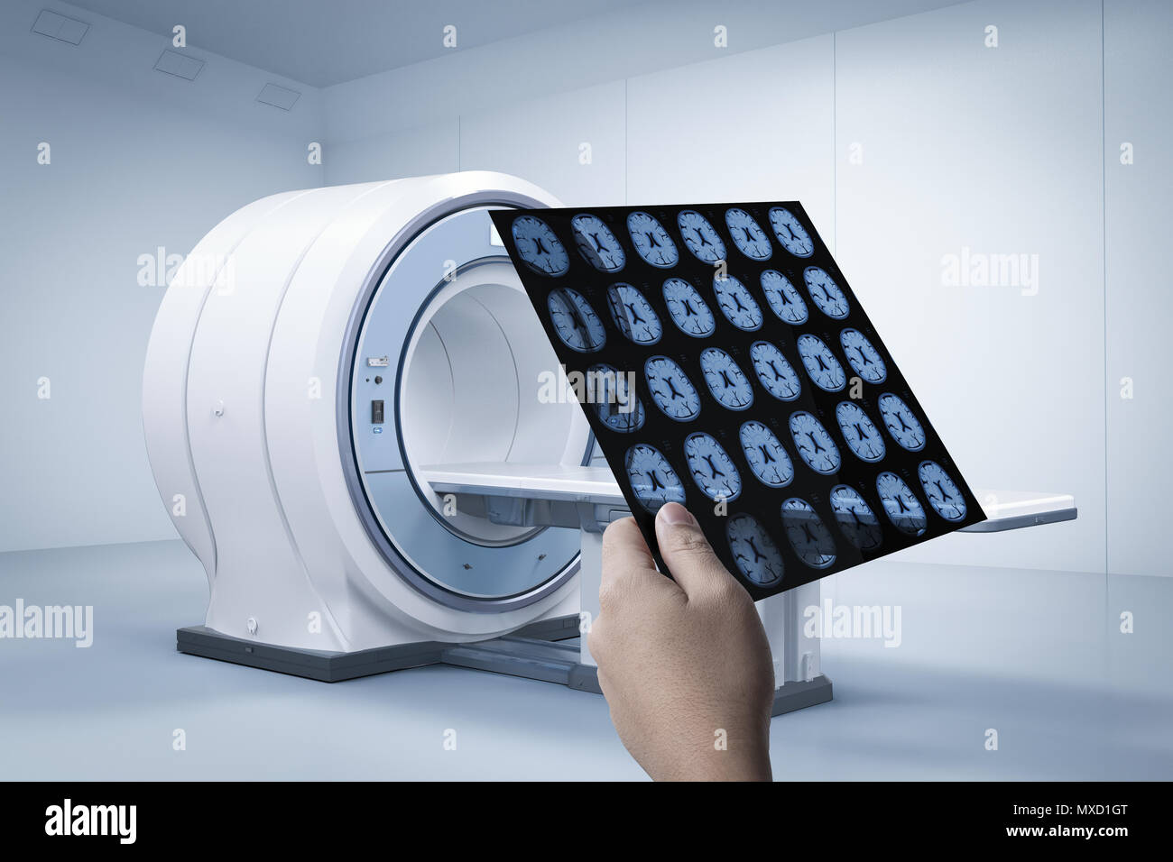 Hand holding x-ray film with 3d rendering mri scan machine or magnetic ...