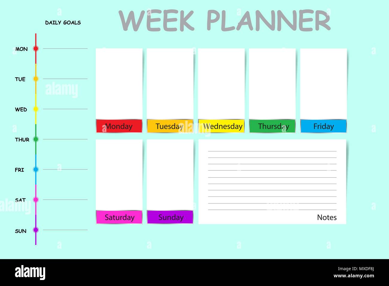 Weekly planner containinig timeline, place for daily goals, a chart for ...