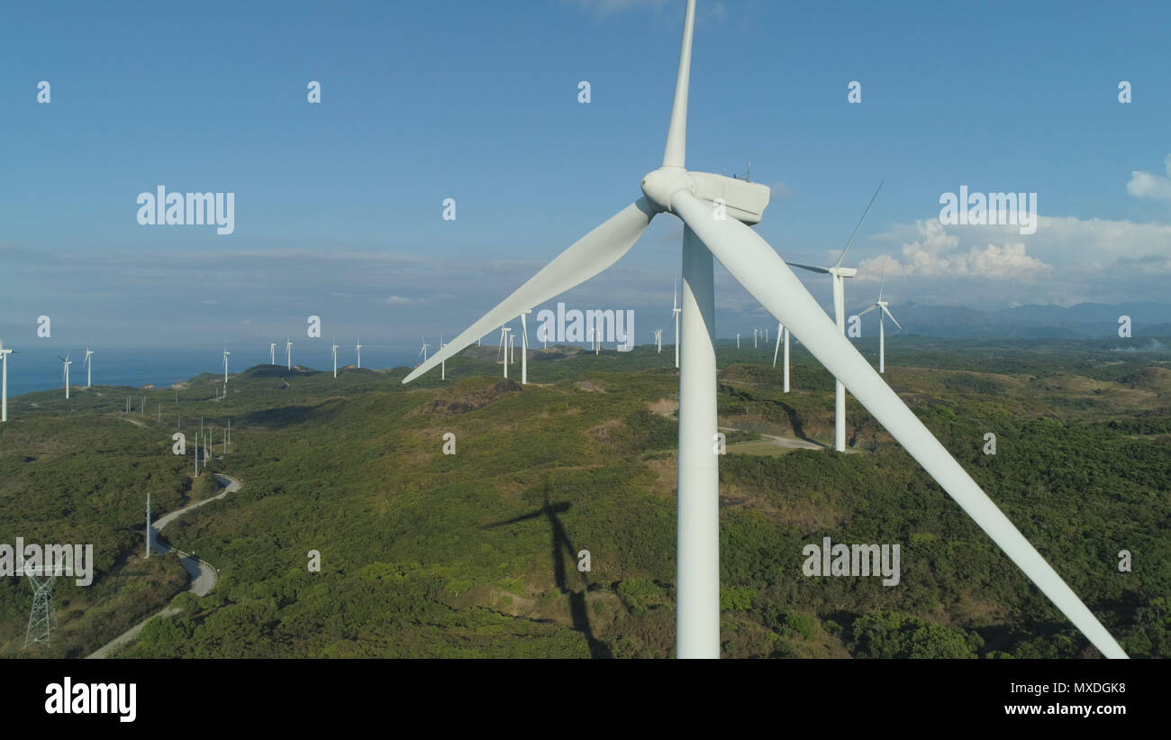 Aerial view of Windmills for electric power production on the seashore ...