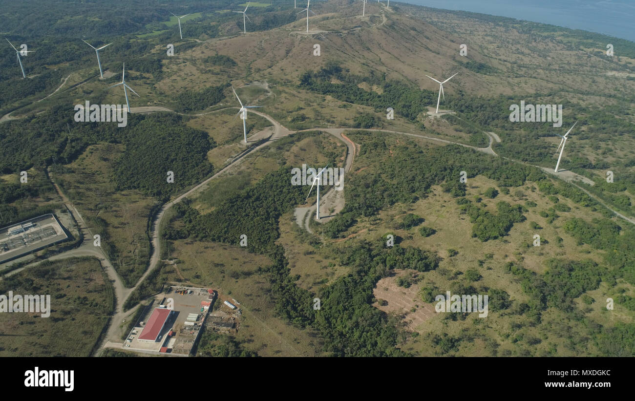 Aerial view of Windmills for electric power production on the seashore ...
