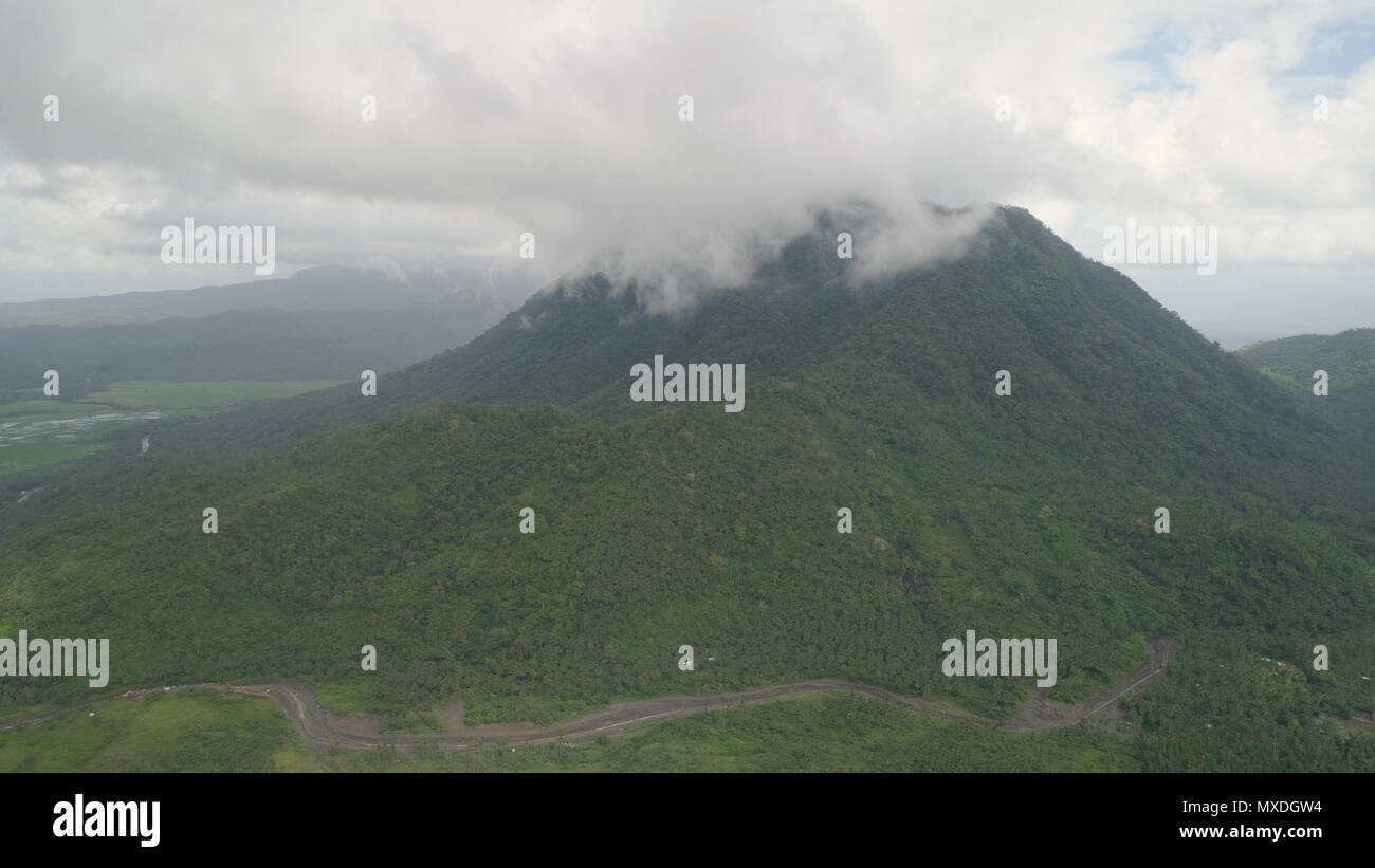 Aerial view of mountains covered forest, trees in cloudy weather ...