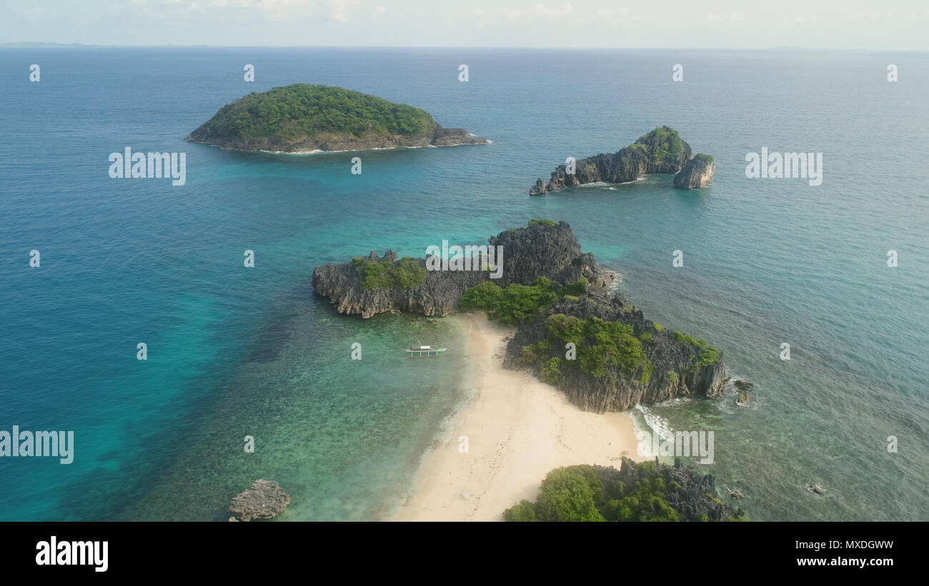 Aerial view islands with sand beach and turquoise water in blue lagoon ...