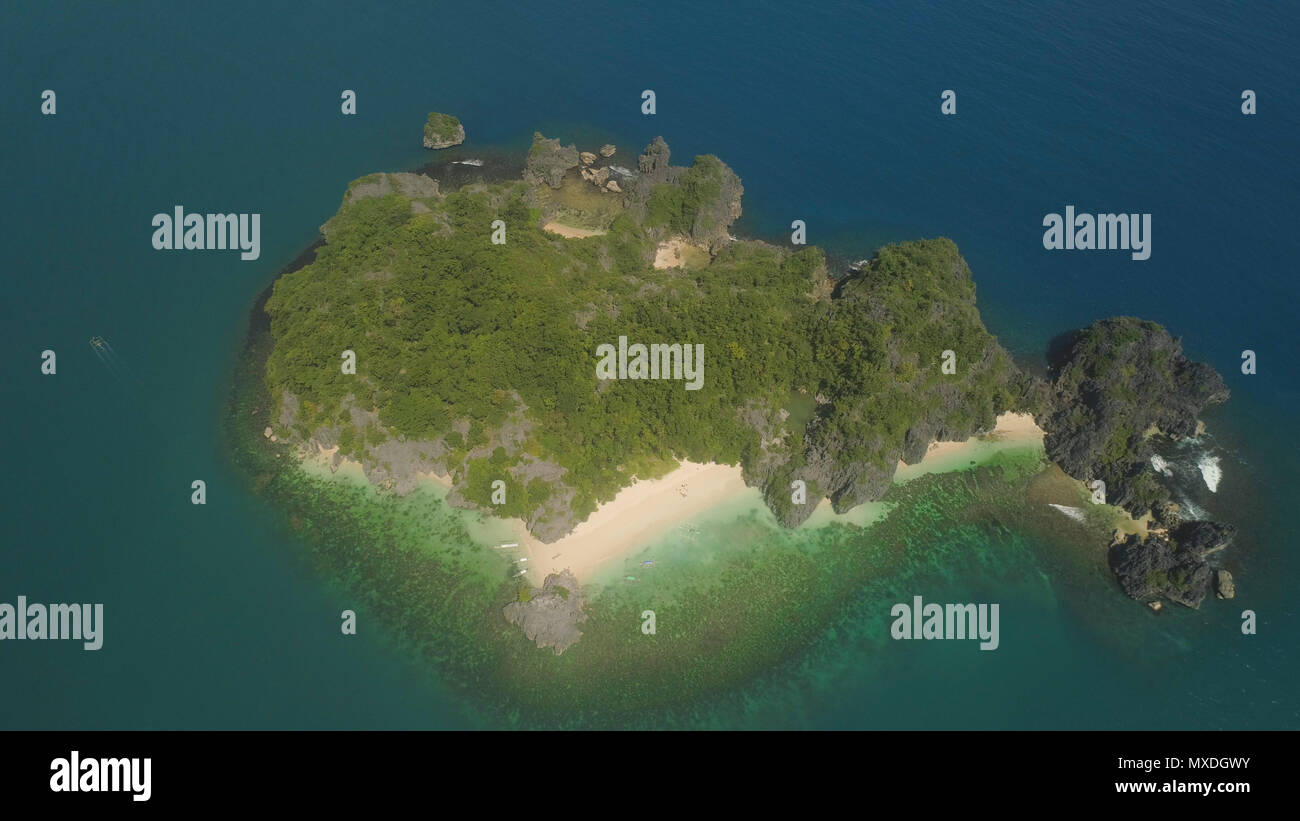 Aerial view Matukad island with sand beach and turquoise water in blue ...
