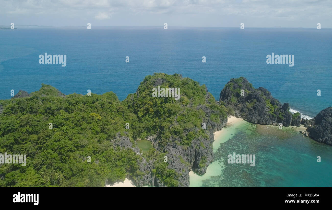 Aerial view Matukad island with sand beach and turquoise water in blue ...