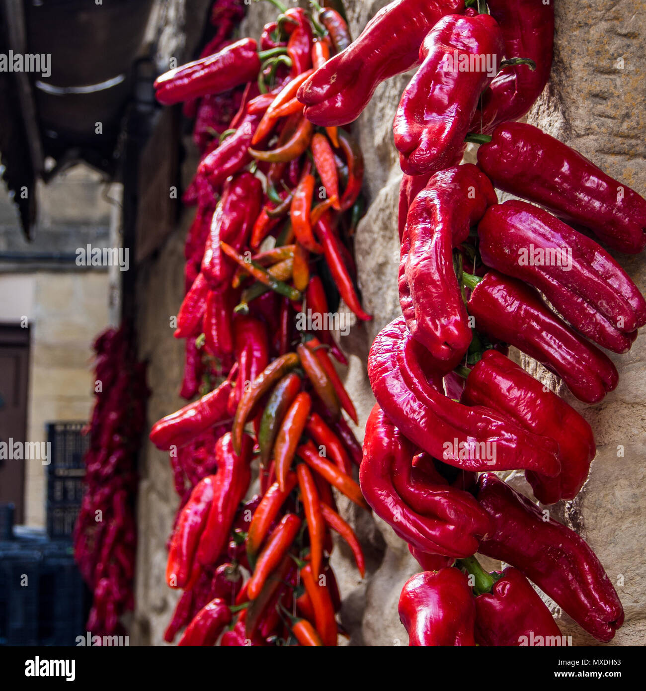 Peppers drying in the sunshine in Laguardia, Spain Stock Photo - Alamy