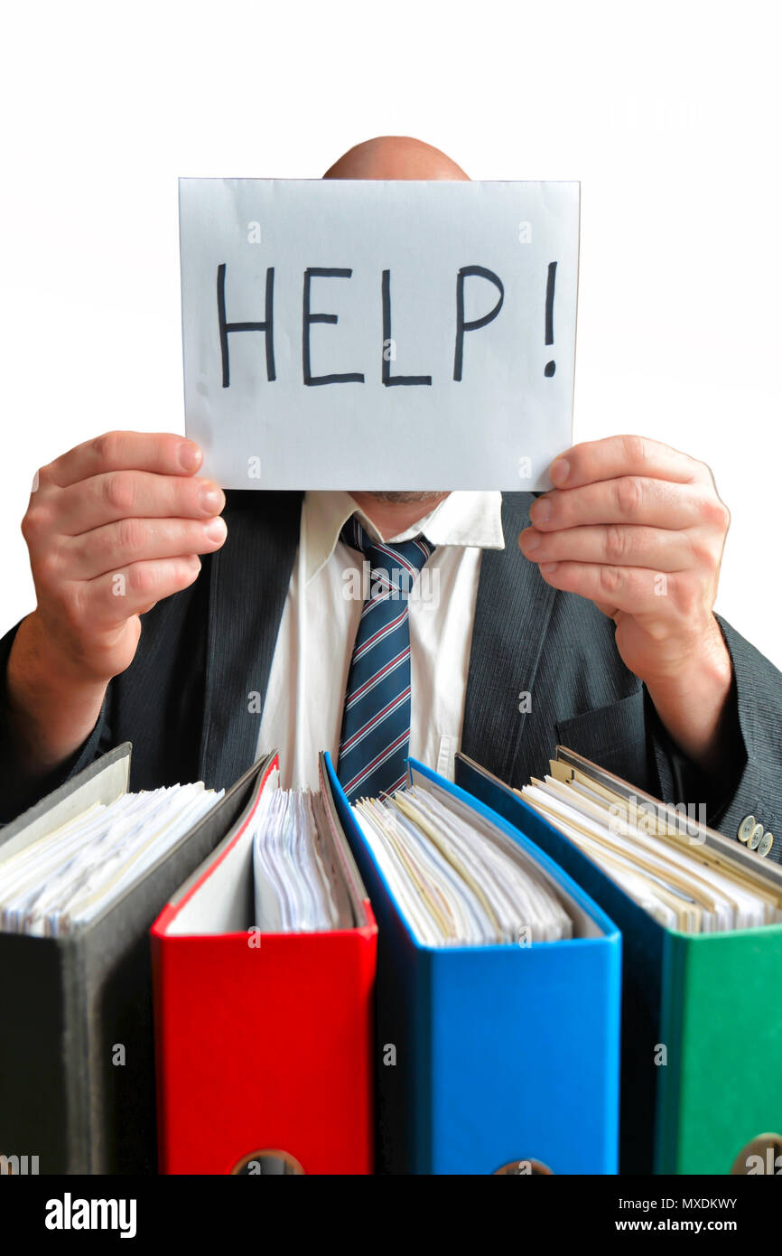 Office worker and a sign saying "Help Stock Photo - Alamy