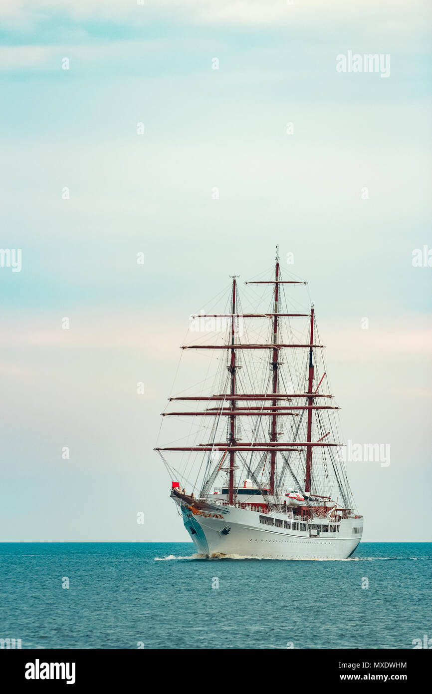 Big white sailing ship with three mast moving to the Riga port Stock ...