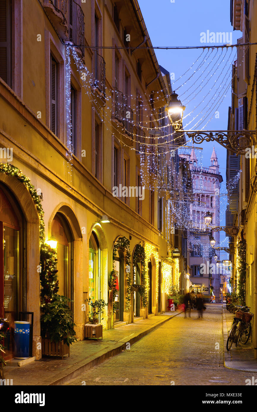 Streets of night Parma with Christmas illumination in Italy outdoor ...