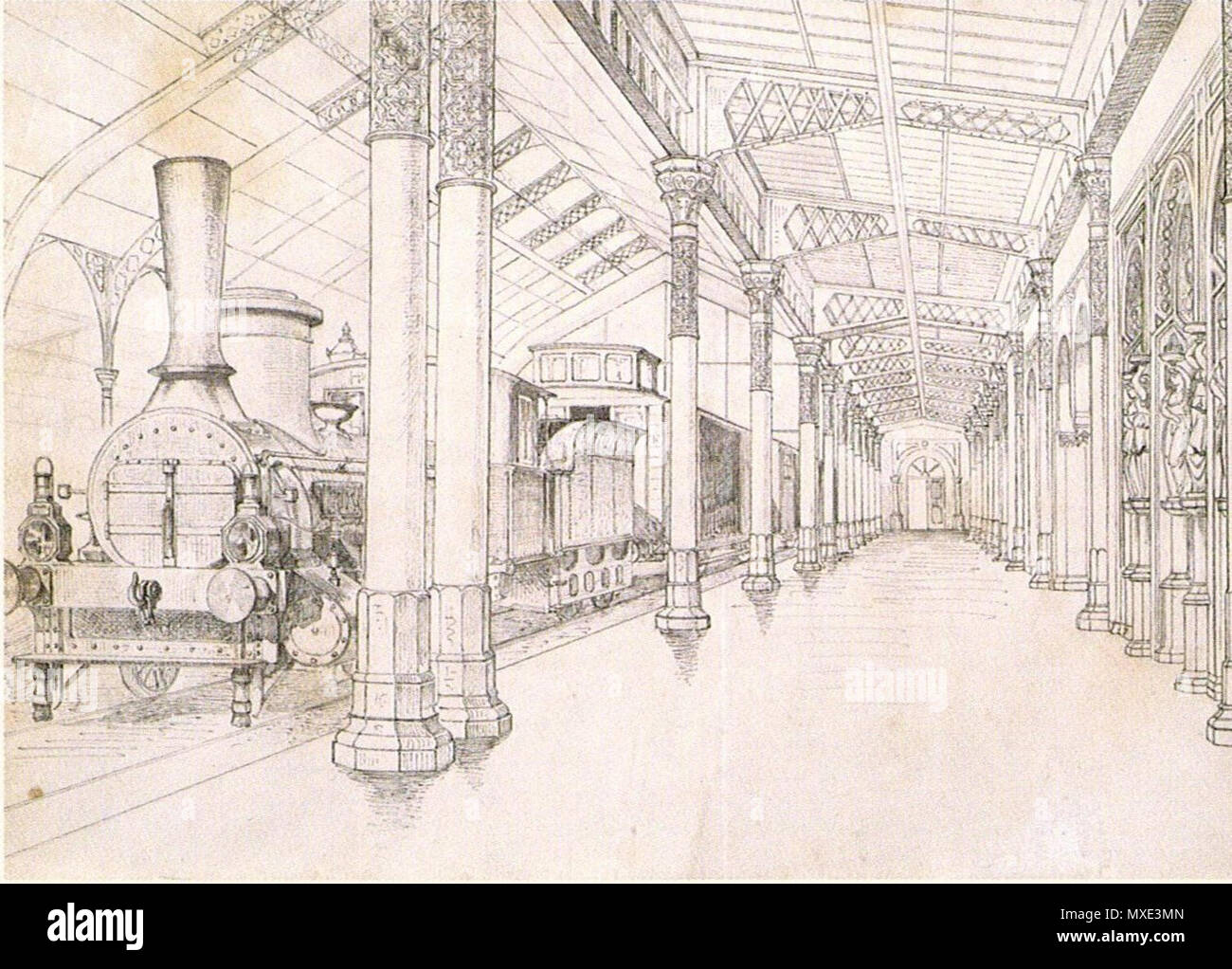 . Bahnhofshalle mit der Lokomotive 'Fulton II', Nordbahnhof in Wien ...