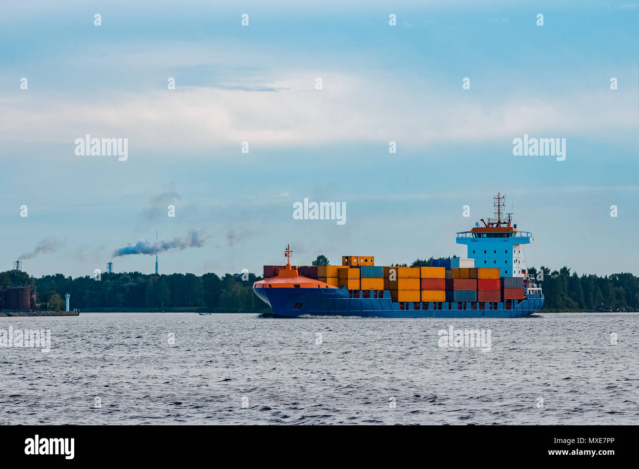 Blue container ship. Global logistics and merchandise transfer Stock ...
