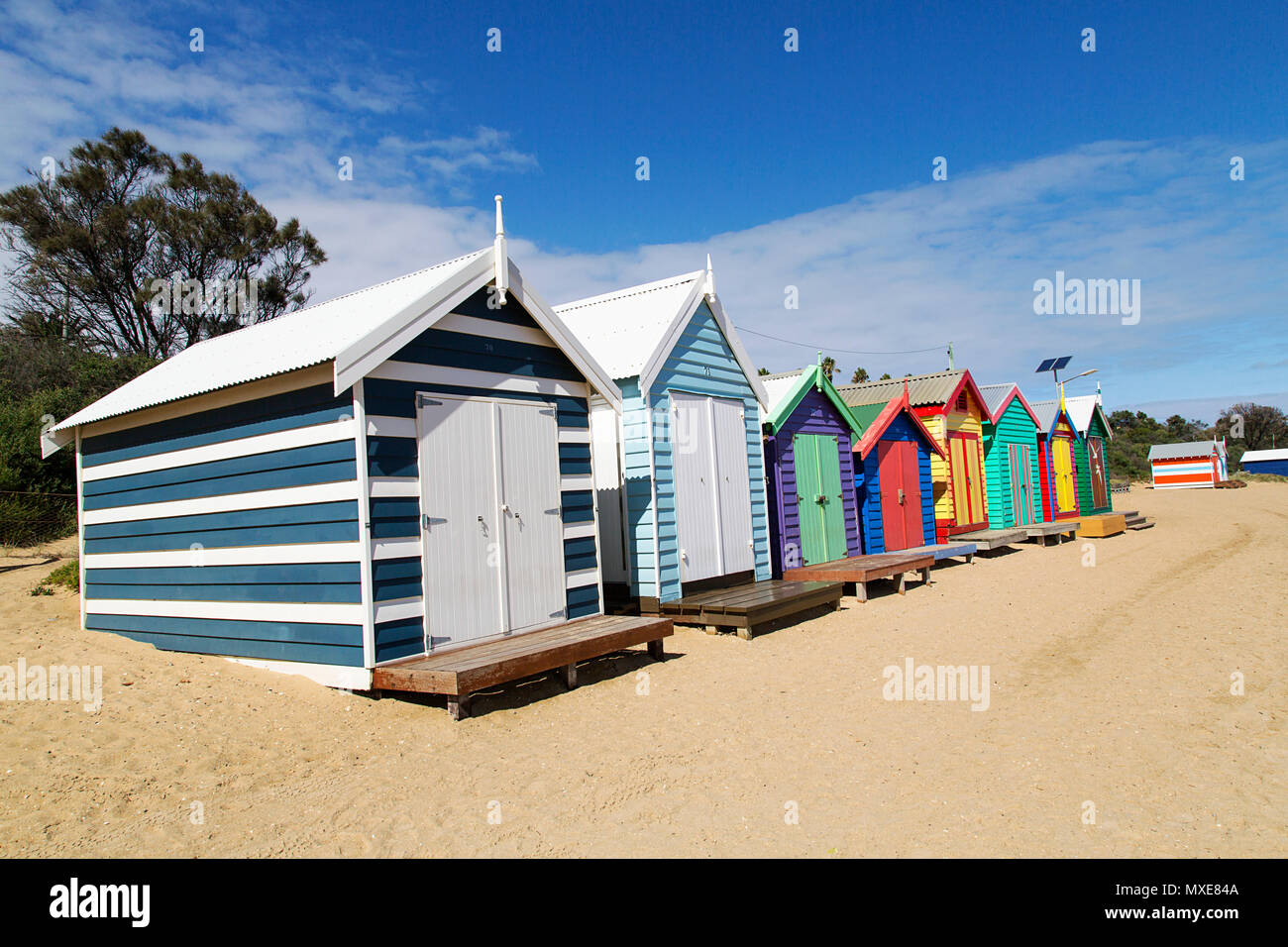 Front view of the Bathing Boxes on Melbourne's Brighton Beach. The ...