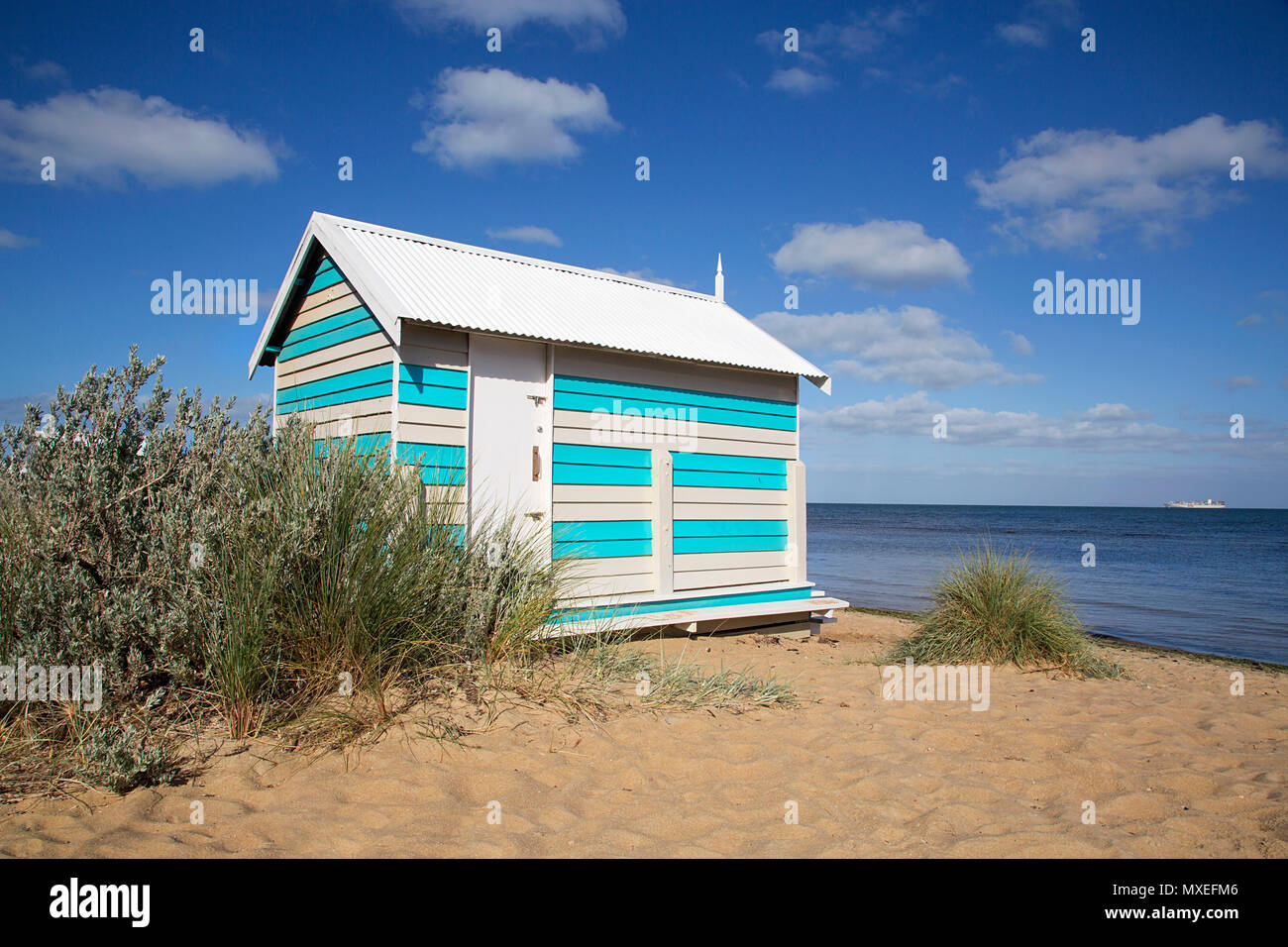 Side view of a bathing box on Melbourne's Brighton Beach. Part of the ...
