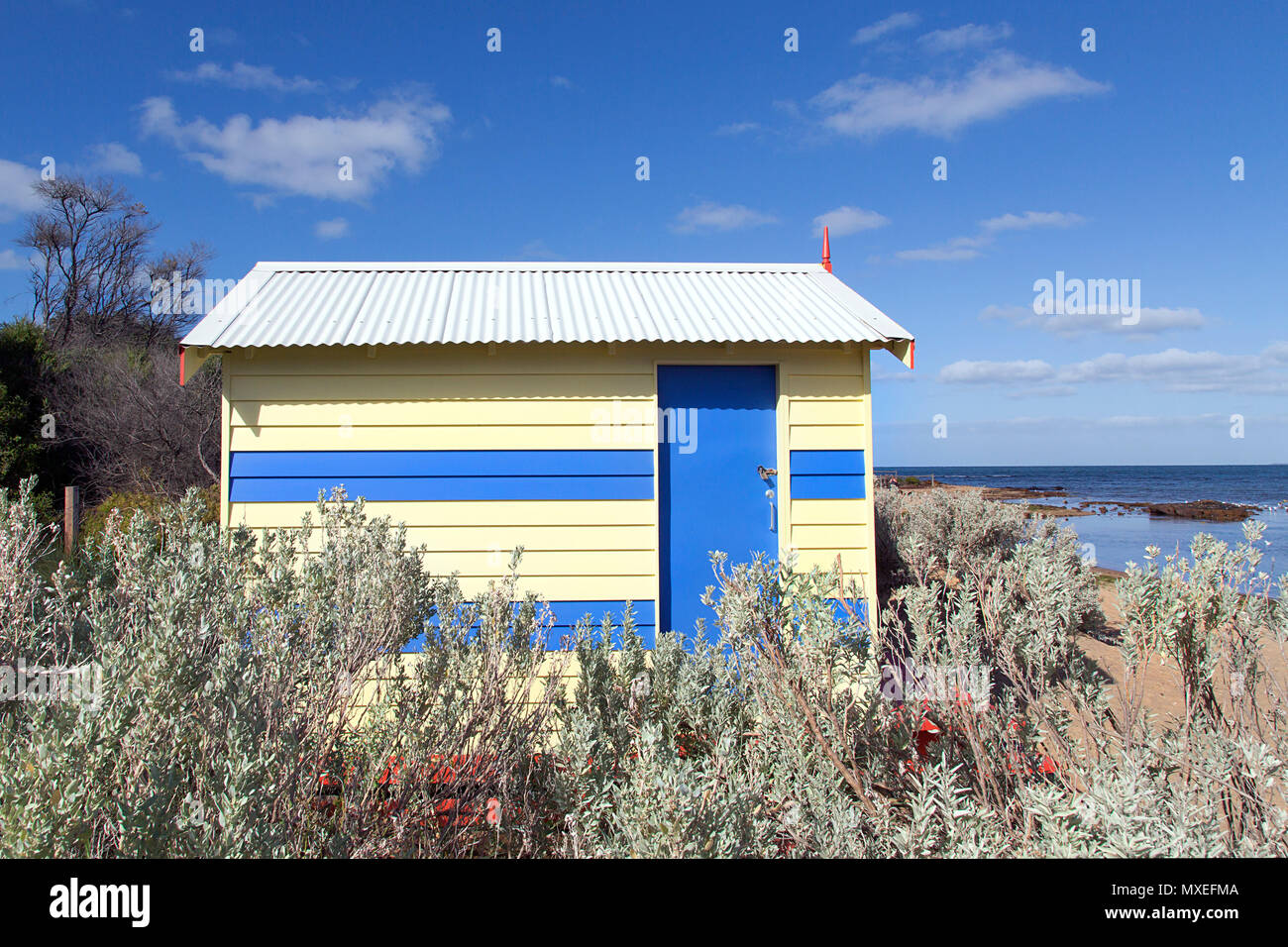 Side view of a Bathing box on Melbourne's Brighton Beach. The bathing ...