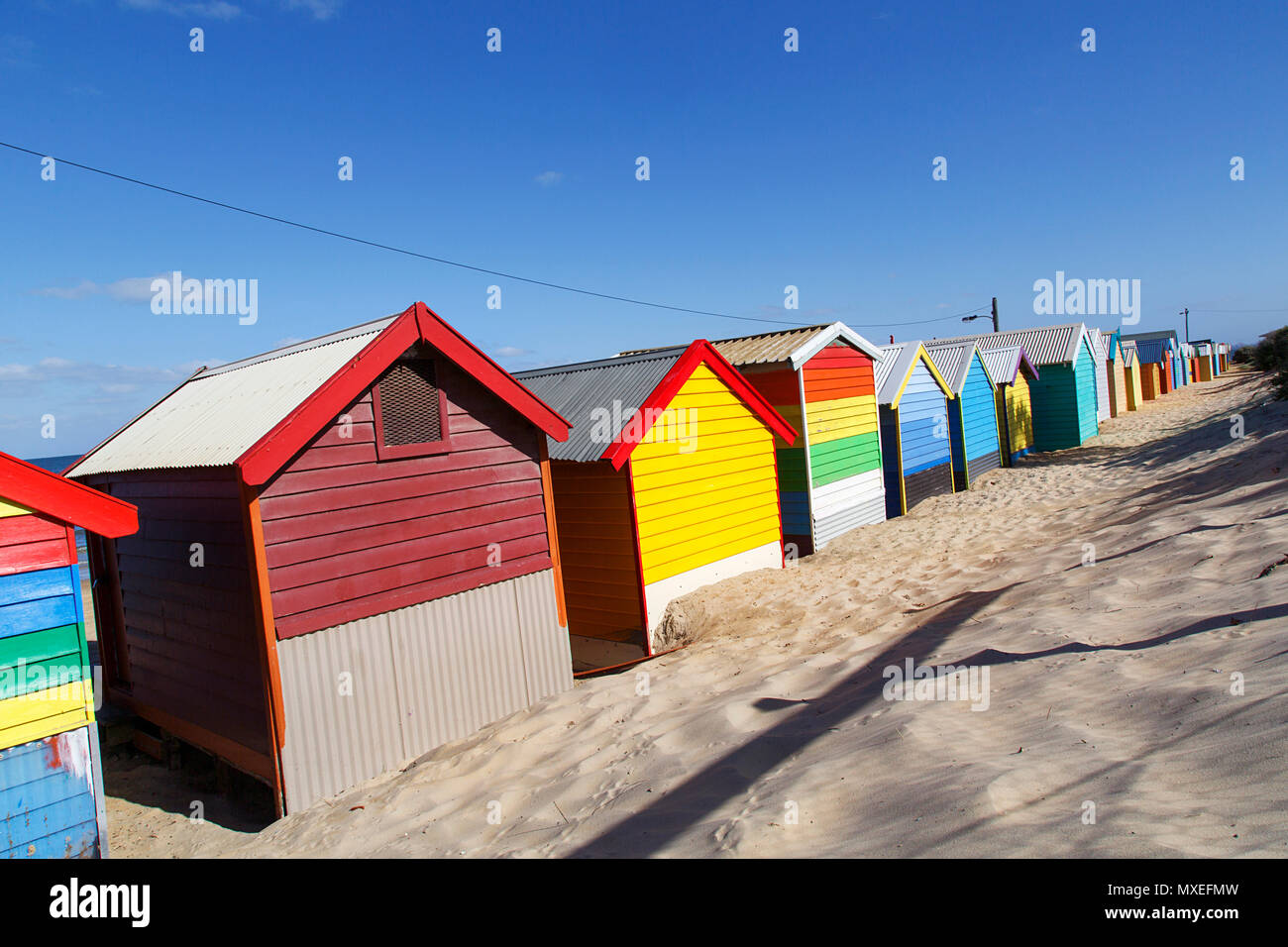 Rear view of the Bathing boxes on Melbourne's Brighton Beach. The ...