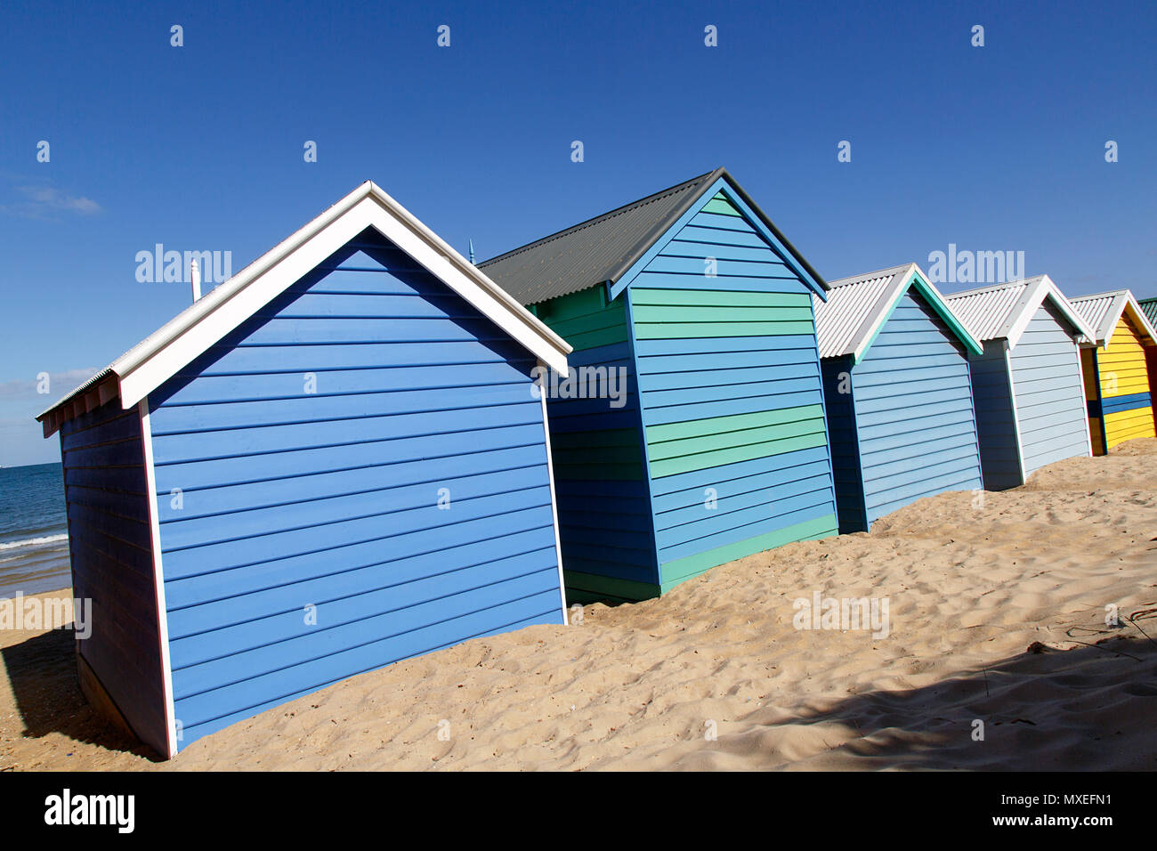 Rear view of the Bathing boxes on Melbourne's Brighton Beach. The ...