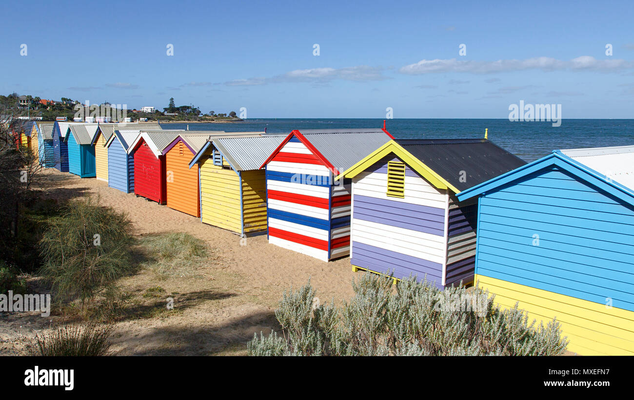 Panoramic view of the iconic, colourful bathing boxes on Brighton Beach ...