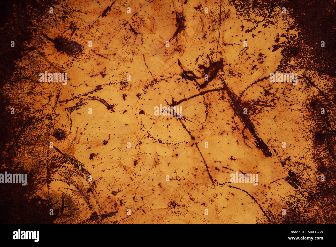 Grungy yellow metal texture with rust pattern, frontal background photo ...