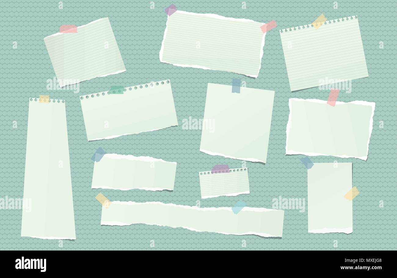 Torn green note, notebook paper pieces for text stuck with sticky tape ...