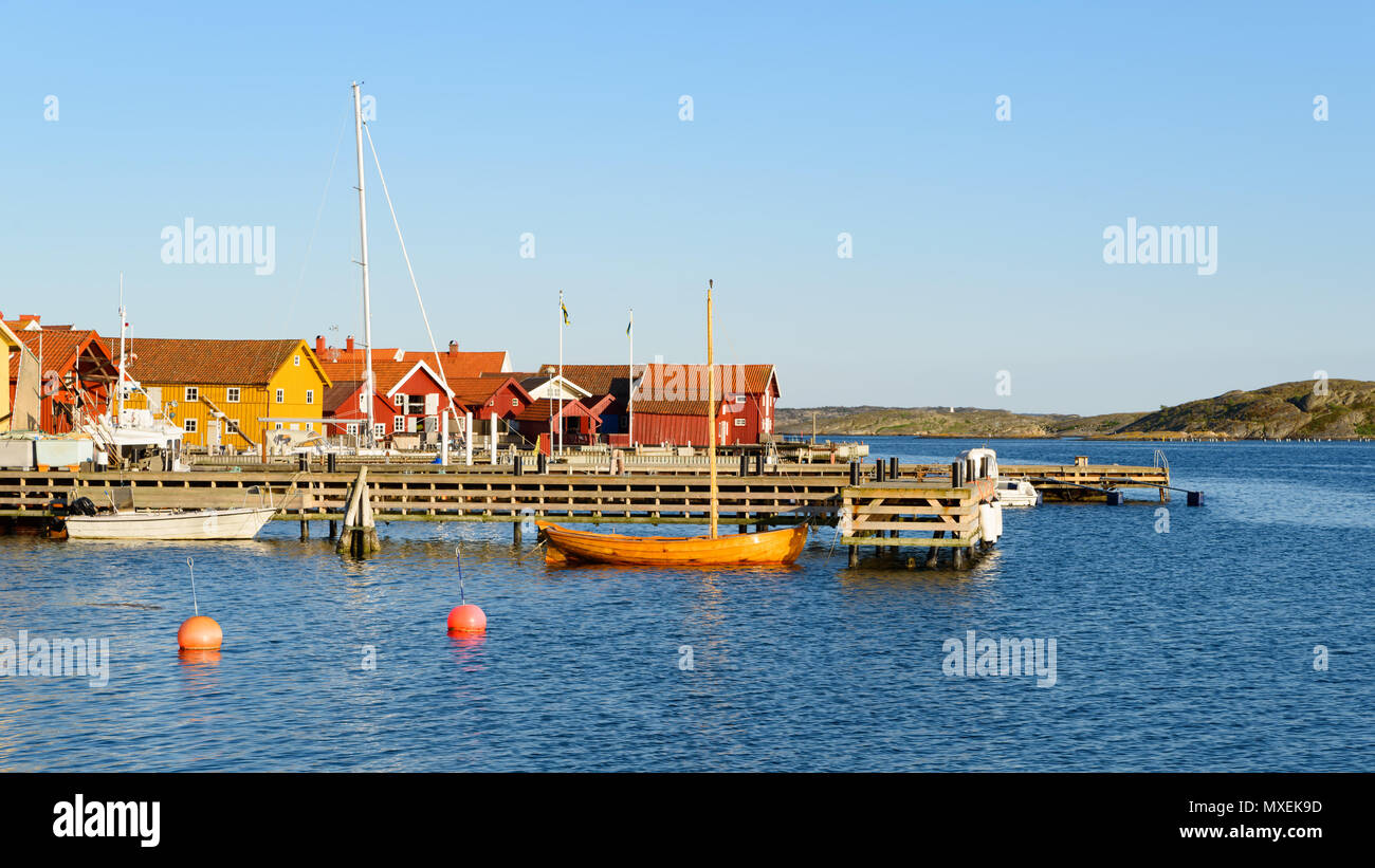 The harbor district of the coastal village Mollosund on Orust, Sweden ...